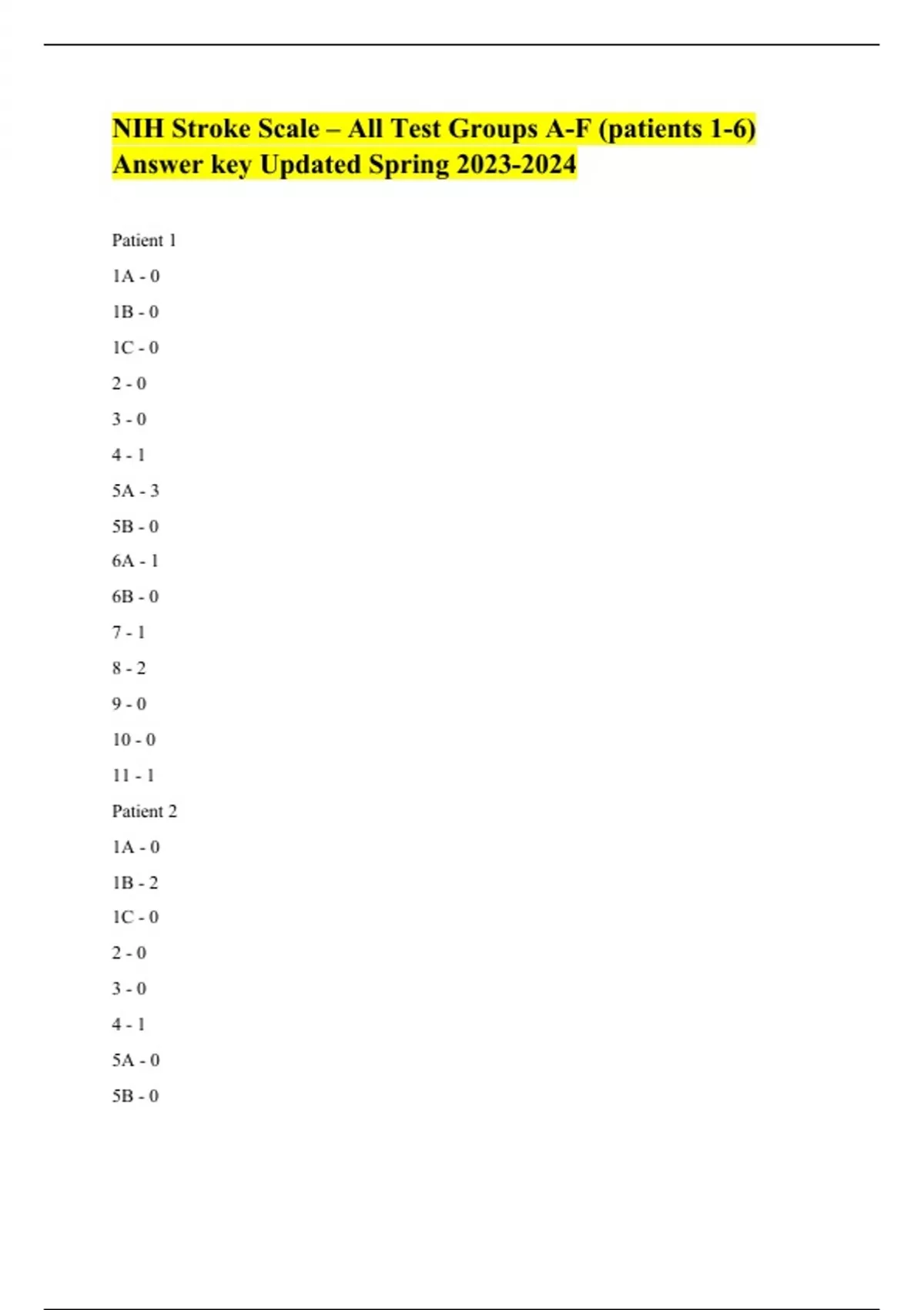 NIH Stroke Scale – All Test Groups A-F (patients 1-6) Answer key ...
