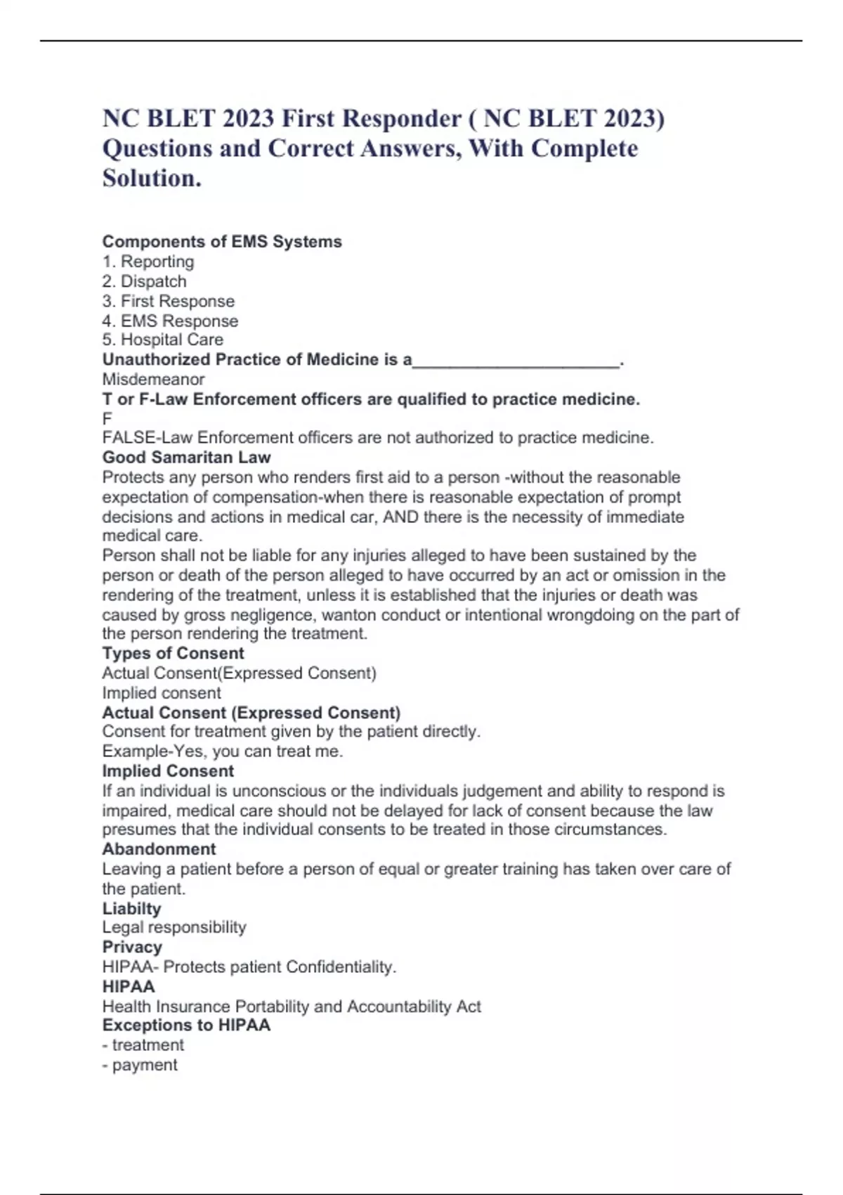 NC BLET 2023 First Responder ( NC BLET 2023) Questions and Correct ...