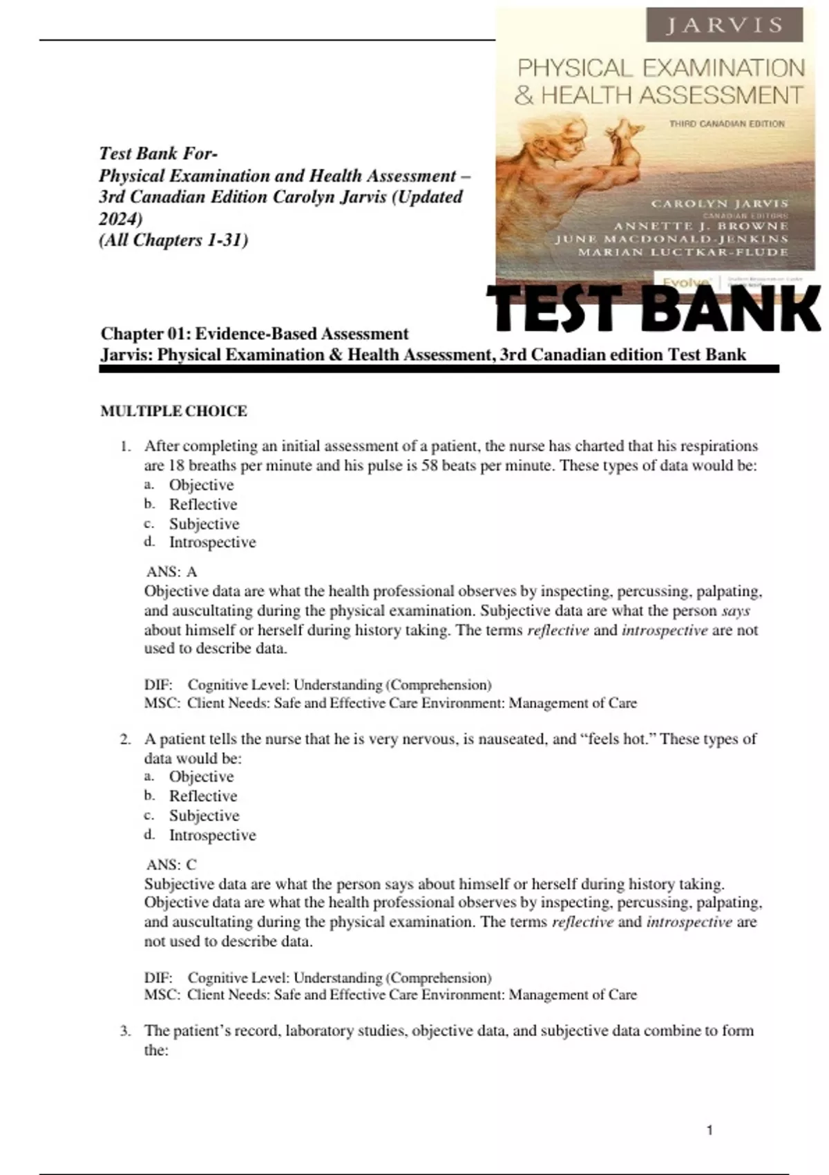 Test Bank- Physical Examination and Health Assessment – 3rd Canadian ...