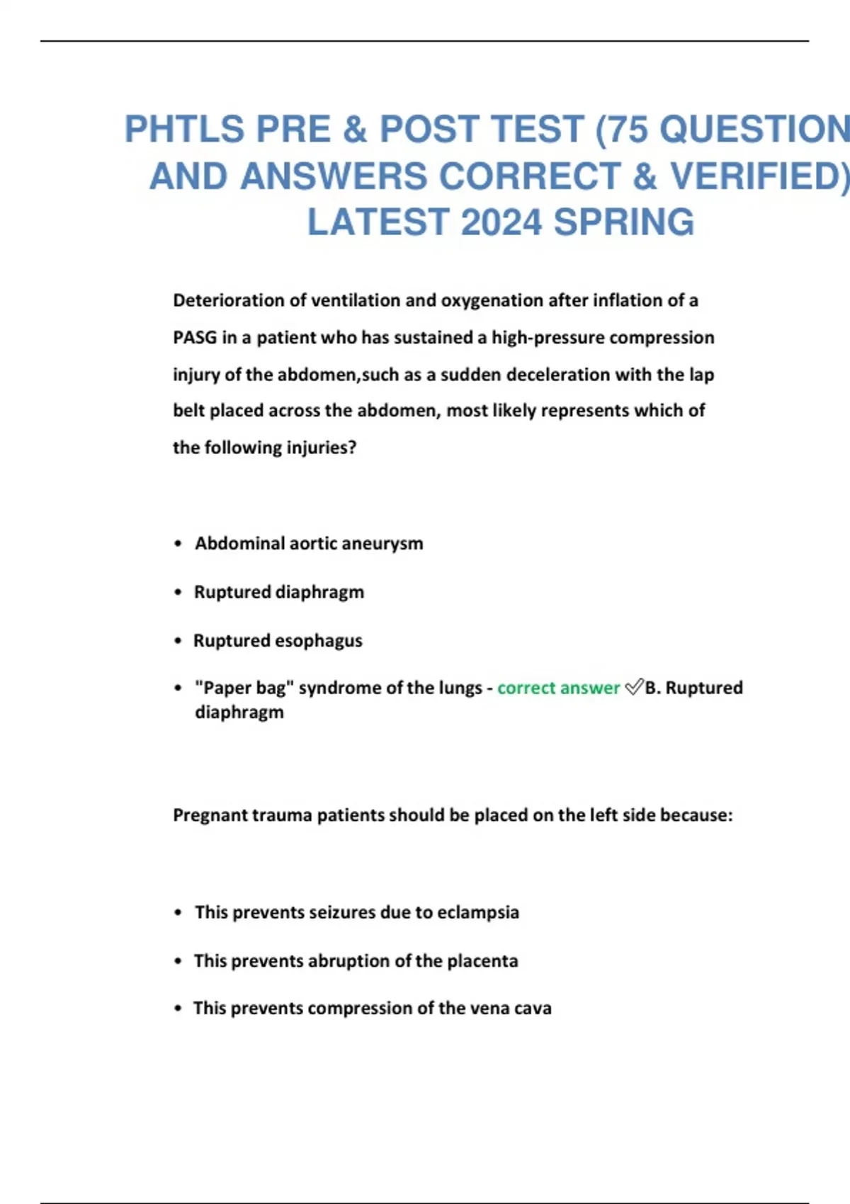 PHTLS PRE & POST TEST (75 QUESTIONS AND ANSWERS CORRECT & VERIFIED ...