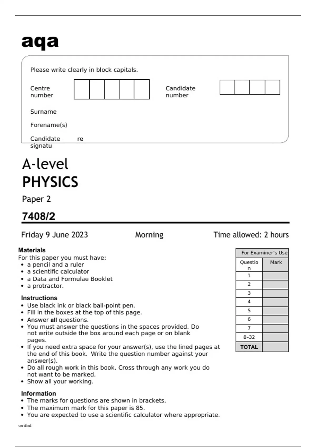 aqa A-level PHYSICS Paper 2 (7408/2) Question Paper June2023 - PHYSICS ...