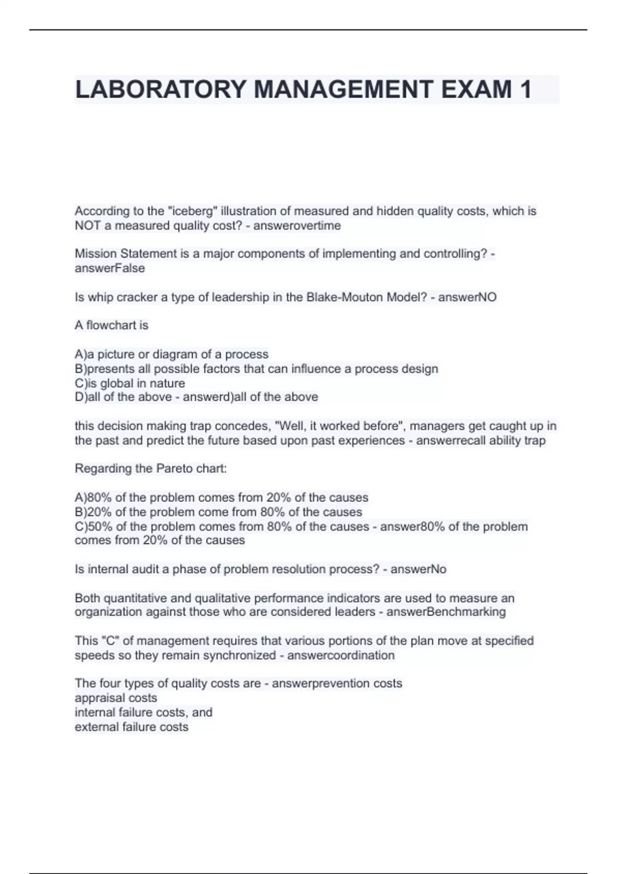 LABORATORY MANAGEMENT EXAM 1 QUESTIONS WITH CORRECT ANSWERS 2024 ...