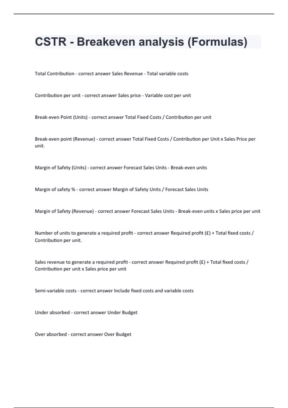 CSTR - Breakeven analysis (Formulas) questions with answers - Cstr ...