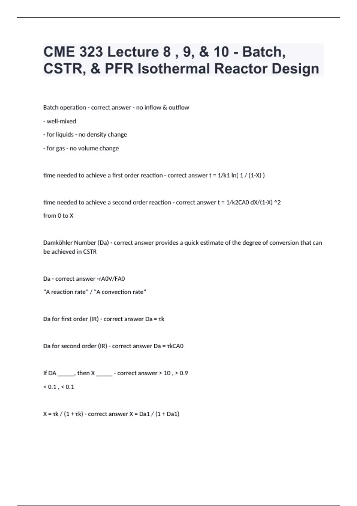CME 323 Lecture 8 , 9, & 10 - Batch, CSTR, & PFR Isothermal Reactor Design 2024/2025 passed ...