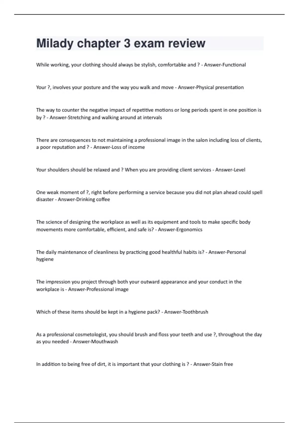 Milady chapter 3 exam review Questions and Answers with complete solution - Milady - Stuvia US