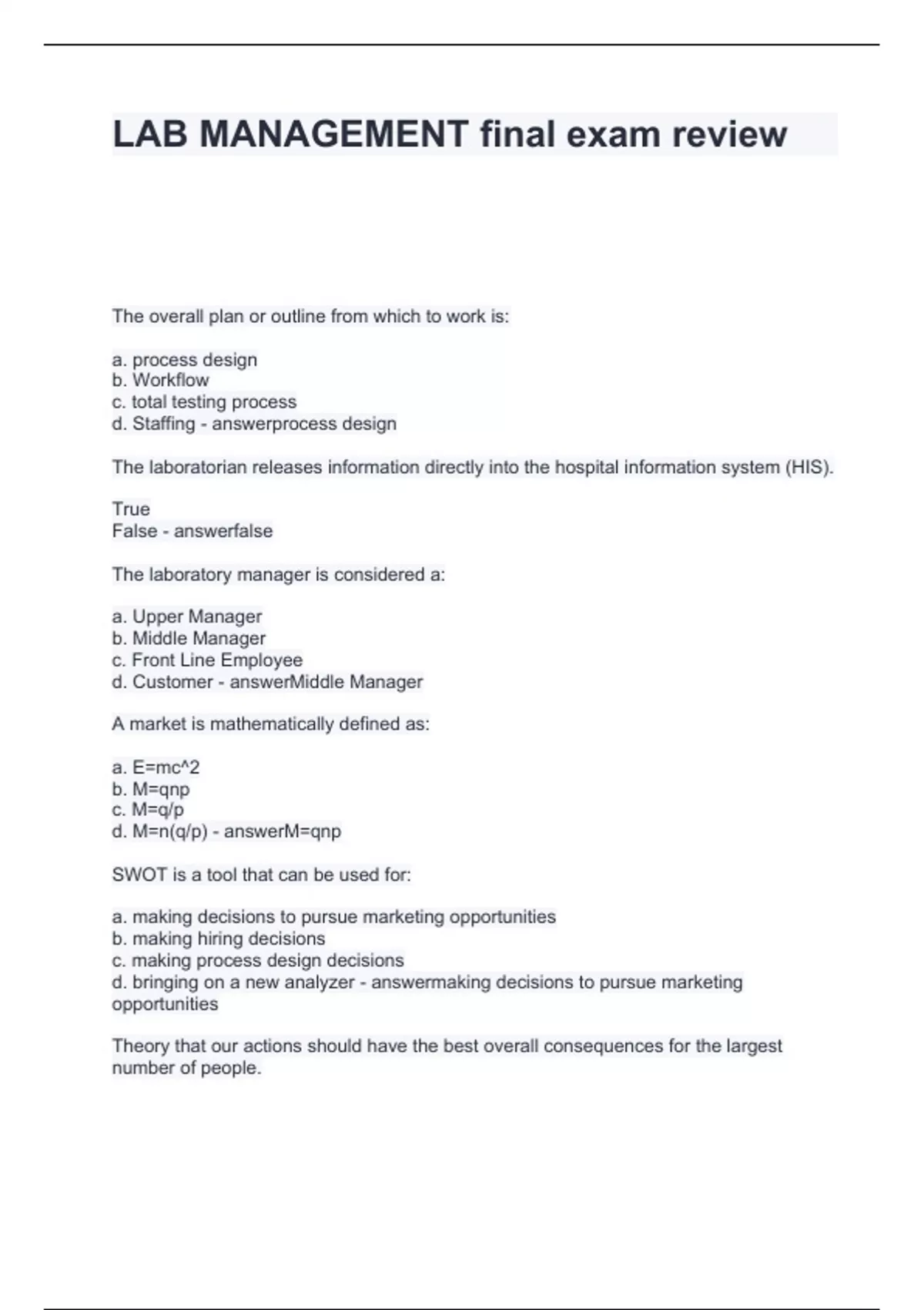 LAB MANAGEMENT final exam review Questions and Answers 2024 ...