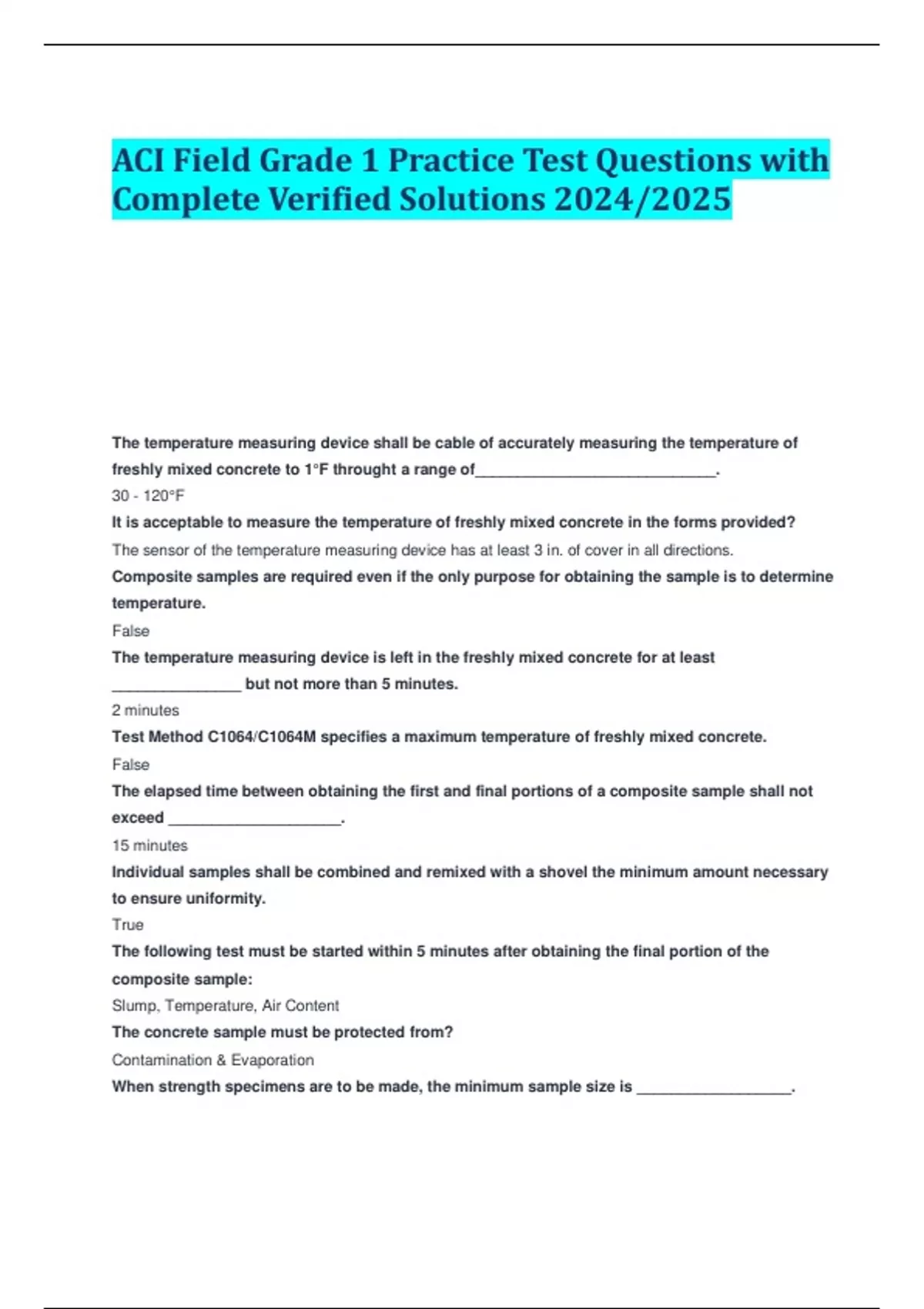 ACI Field Grade 1 Practice Test Questions with Complete Verified ...