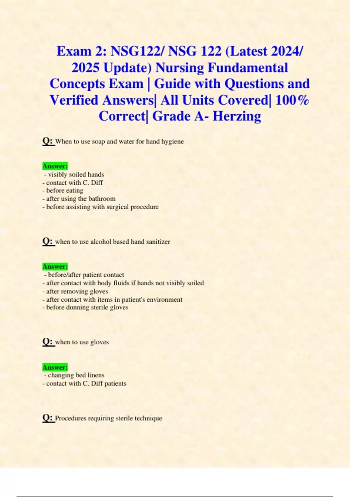 Exam 2: NSG122/ NSG 122 (Latest 2024/ 2025 Update) Nursing Fundamental ...