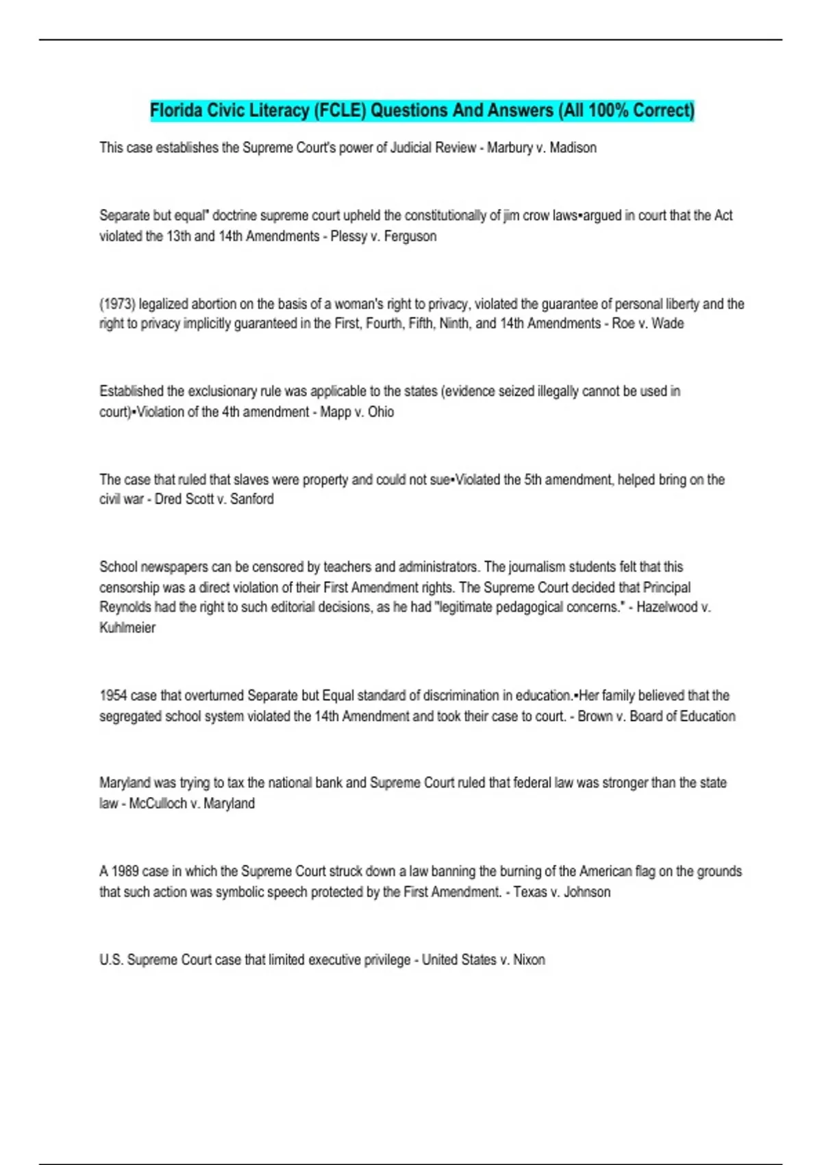 Florida Civic Literacy (FCLE) Questions And Answers (All 100% Correct ...