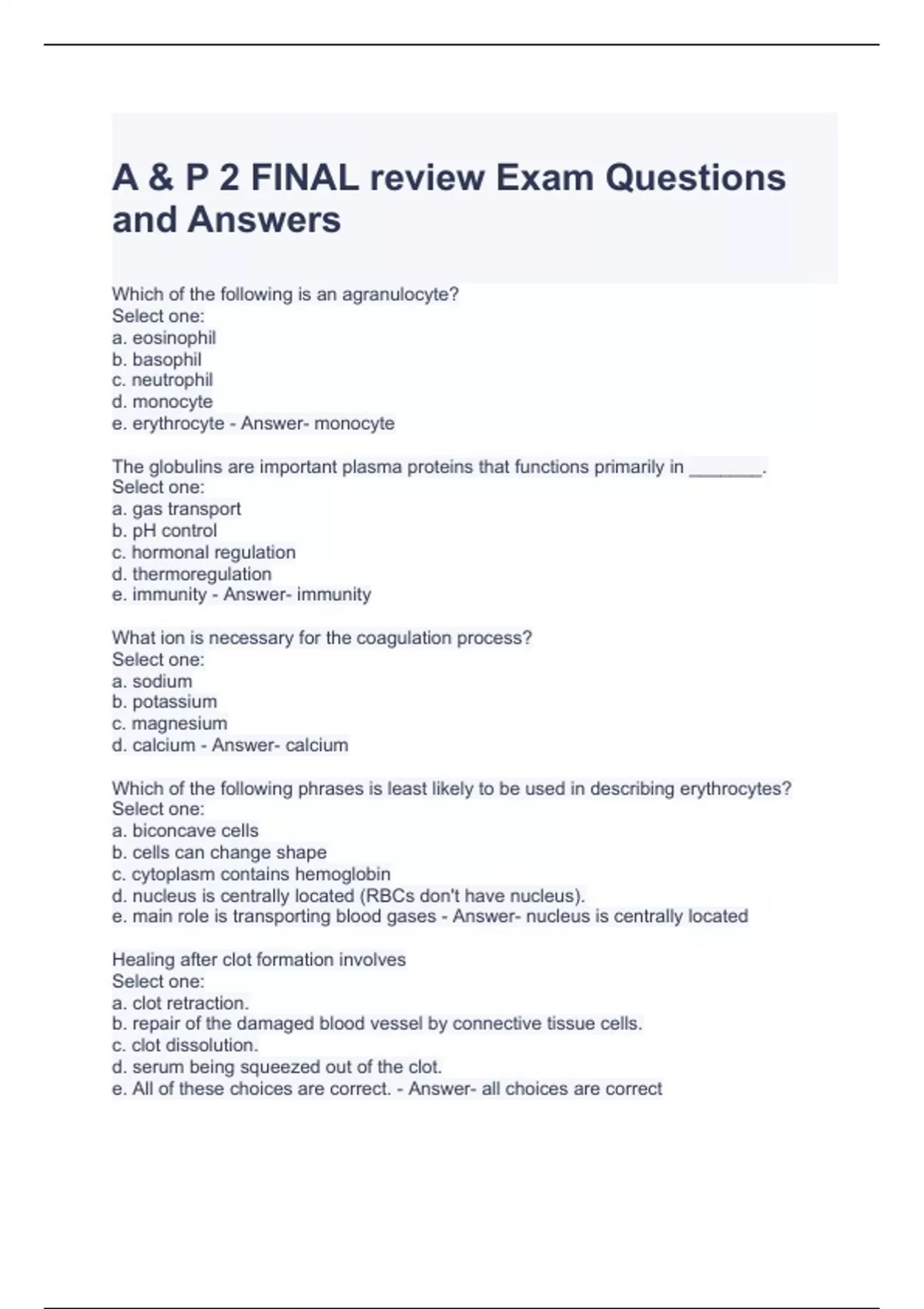 A & P 2 FINAL review Exam Questions and Answers 2024 - Straighterline A ...
