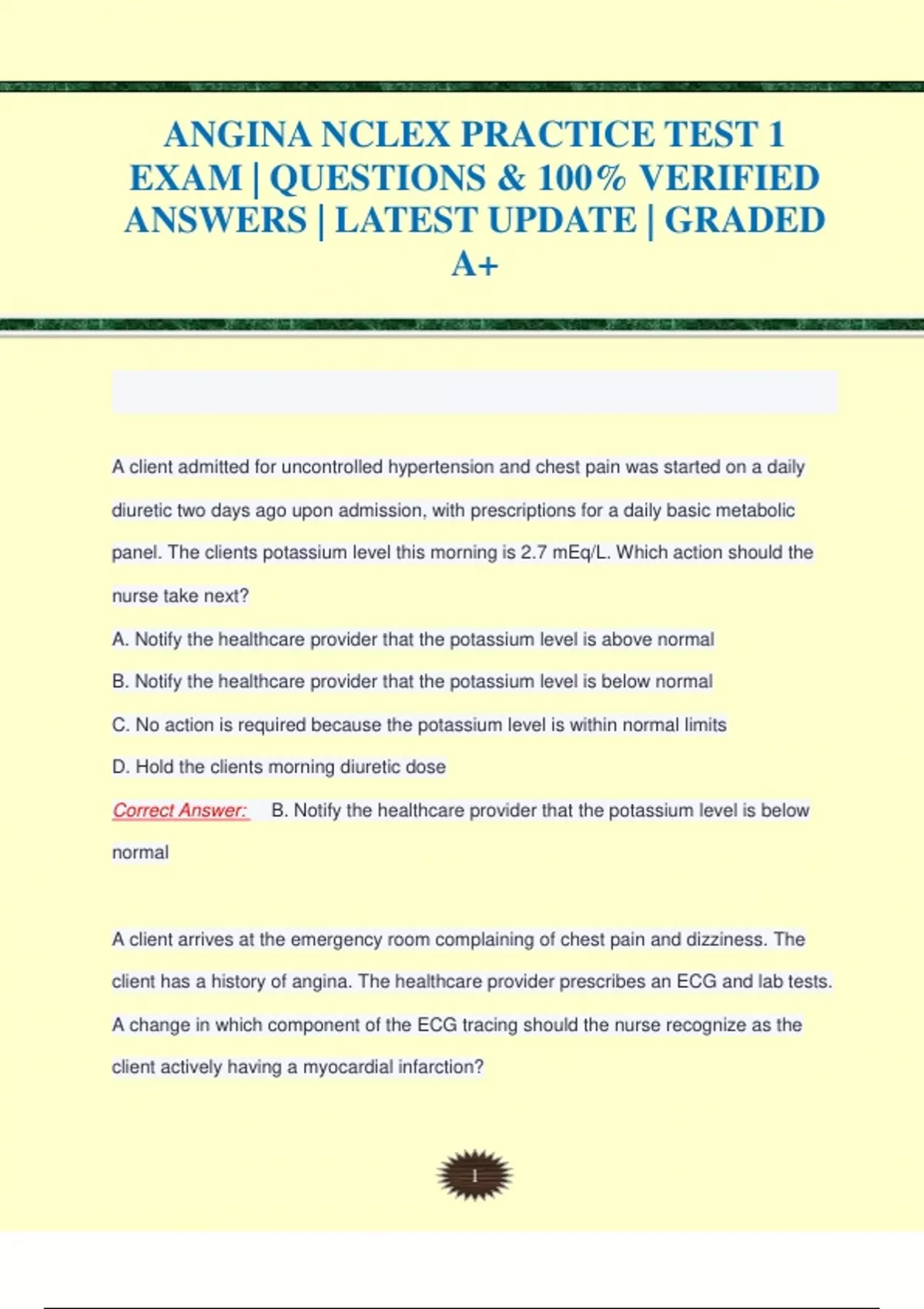 ANGINA NCLEX PRACTICE TEST 1 EXAM | QUESTIONS & 100% VERIFIED ANSWERS ...