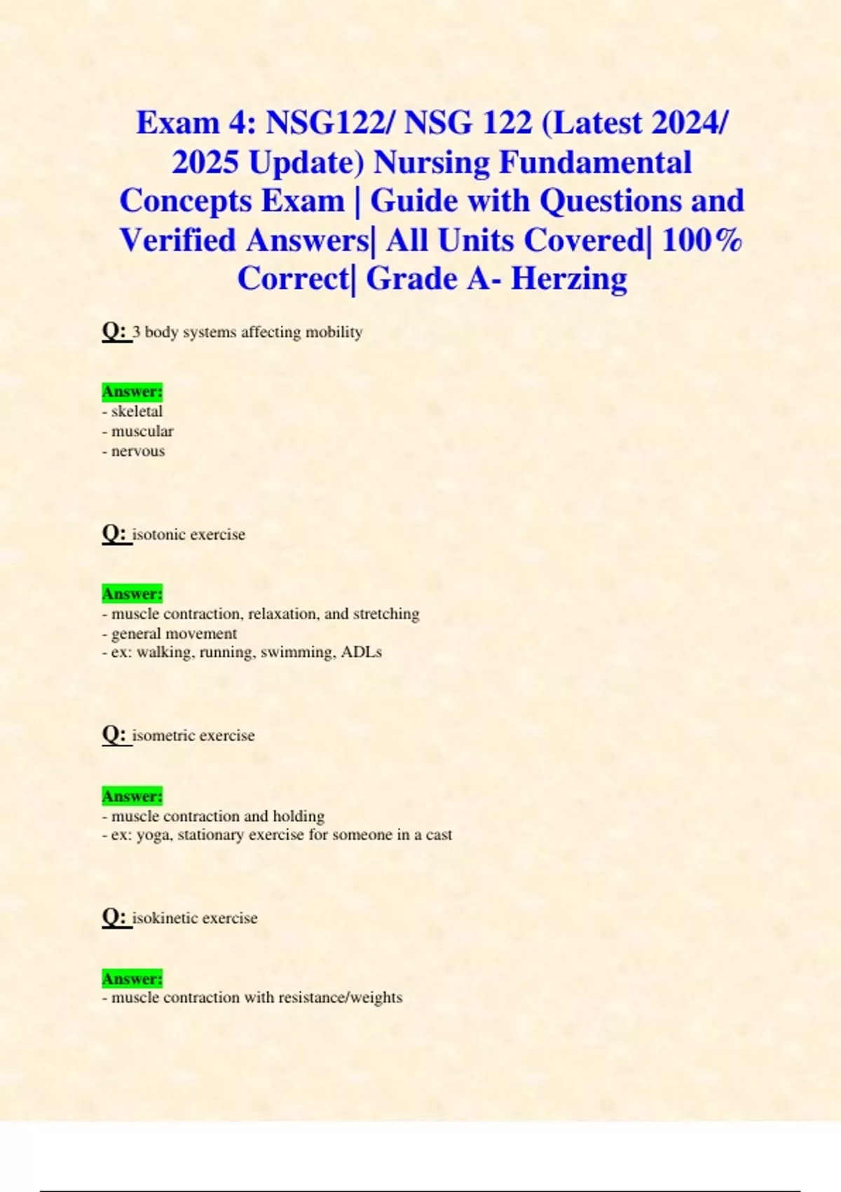 Exam 4,HESI & Final Exams : NSG122/ NSG 122 (ALL 2024/ 2025 Updates ...