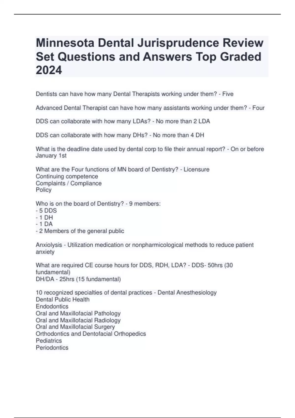 Minnesota Dental Jurisprudence Review Set Questions and Answers Top ...