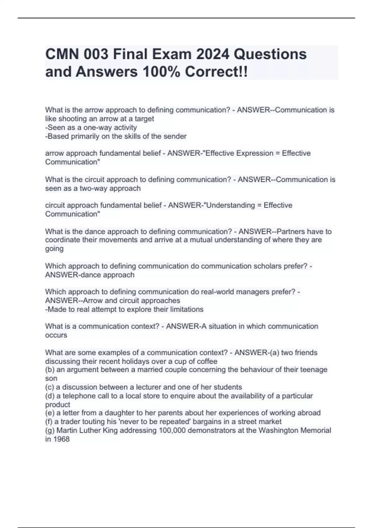 CMN 003 Final Exam 2024 Questions and Answers 100% Correct!! - CMN 003 - Stuvia US