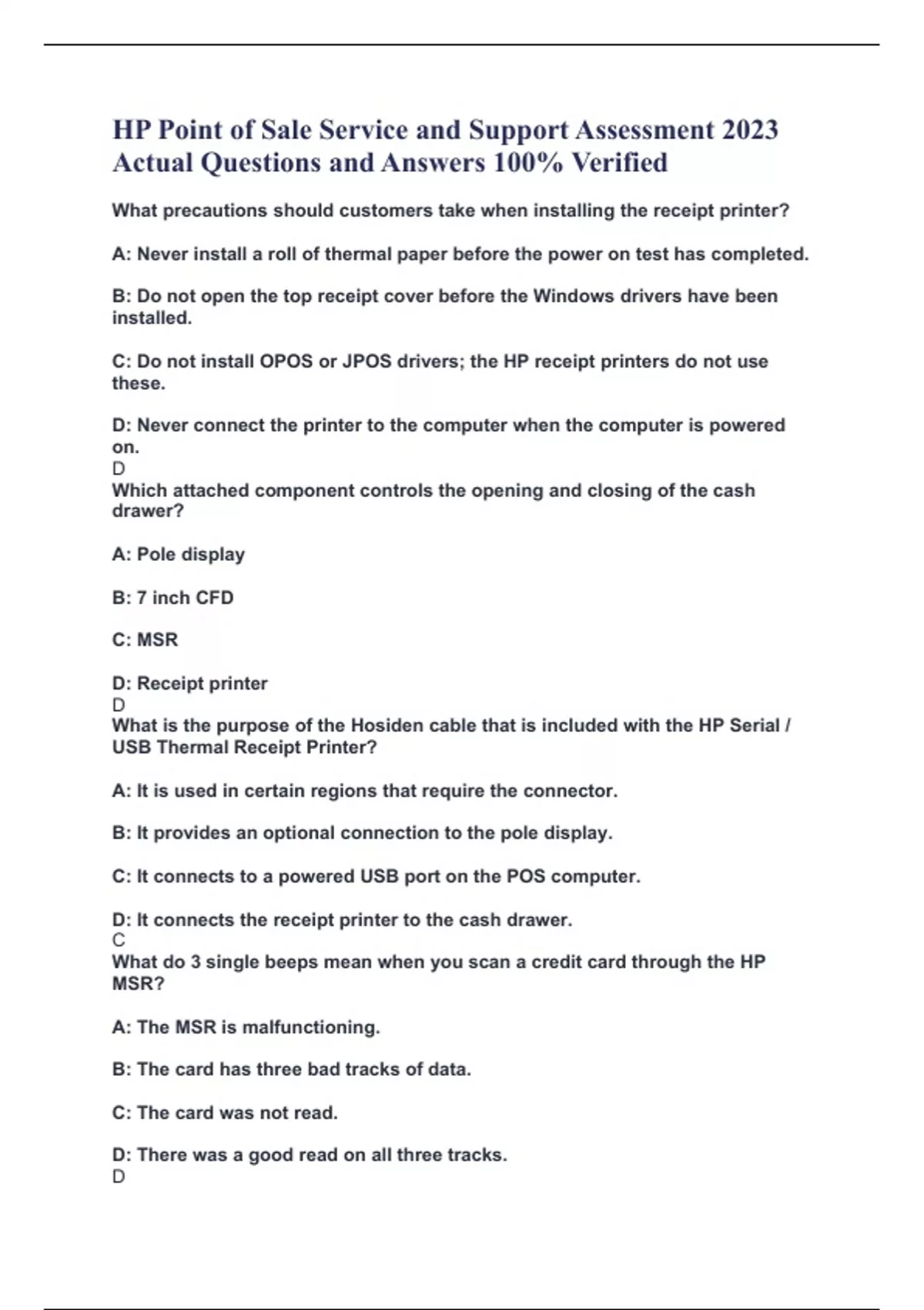 HP Point of Sale Service and Support Assessment 2023 Actual Questions ...