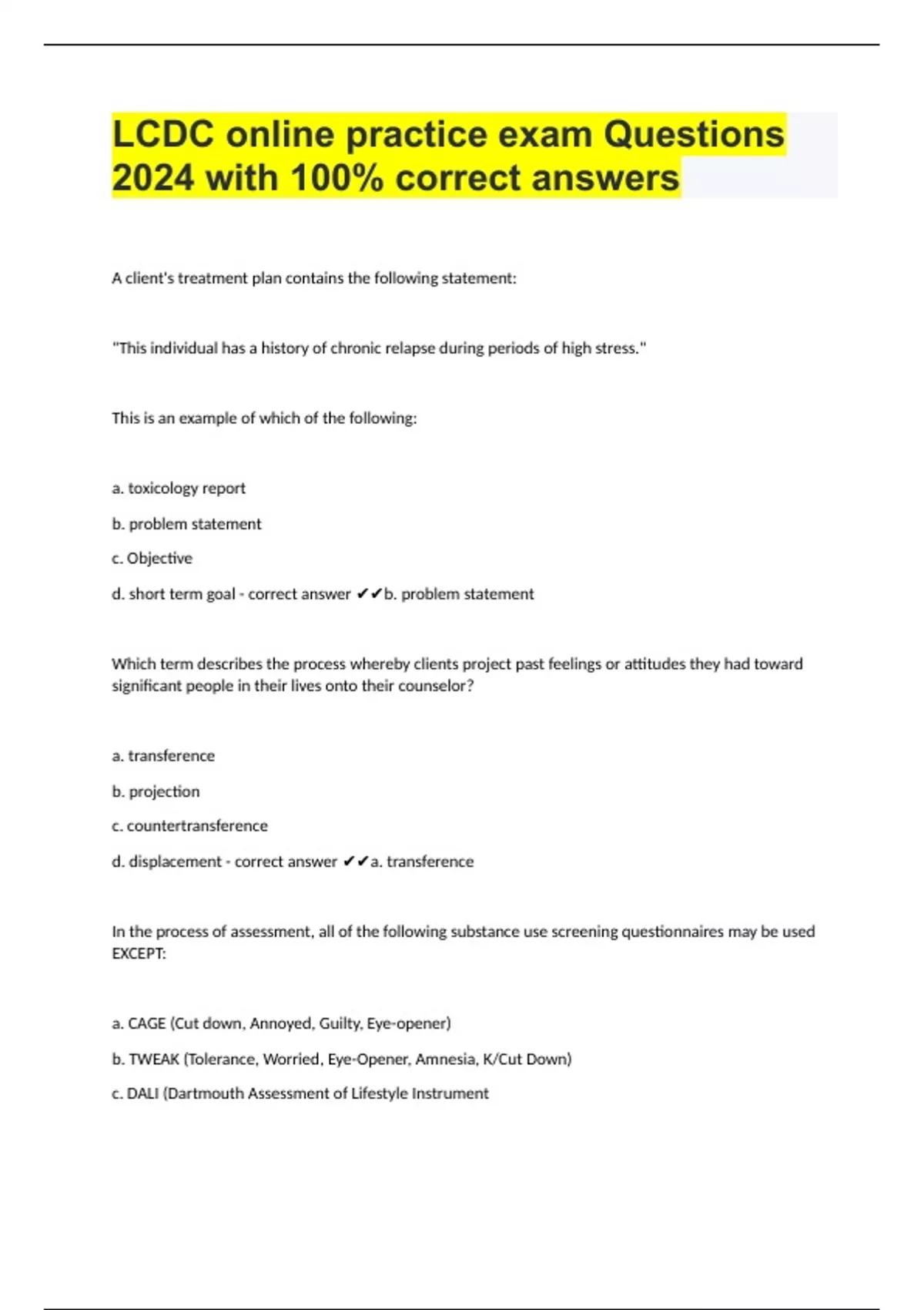 LCDC online practice exam Questions 2024 with 100% correct answers ...