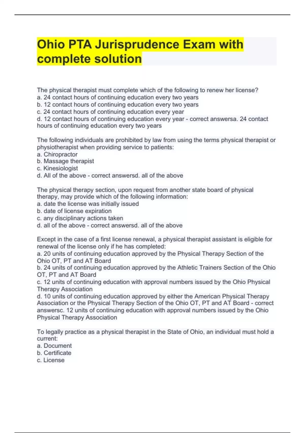 Ohio PTA Jurisprudence Exam with complete solution - Florida ...