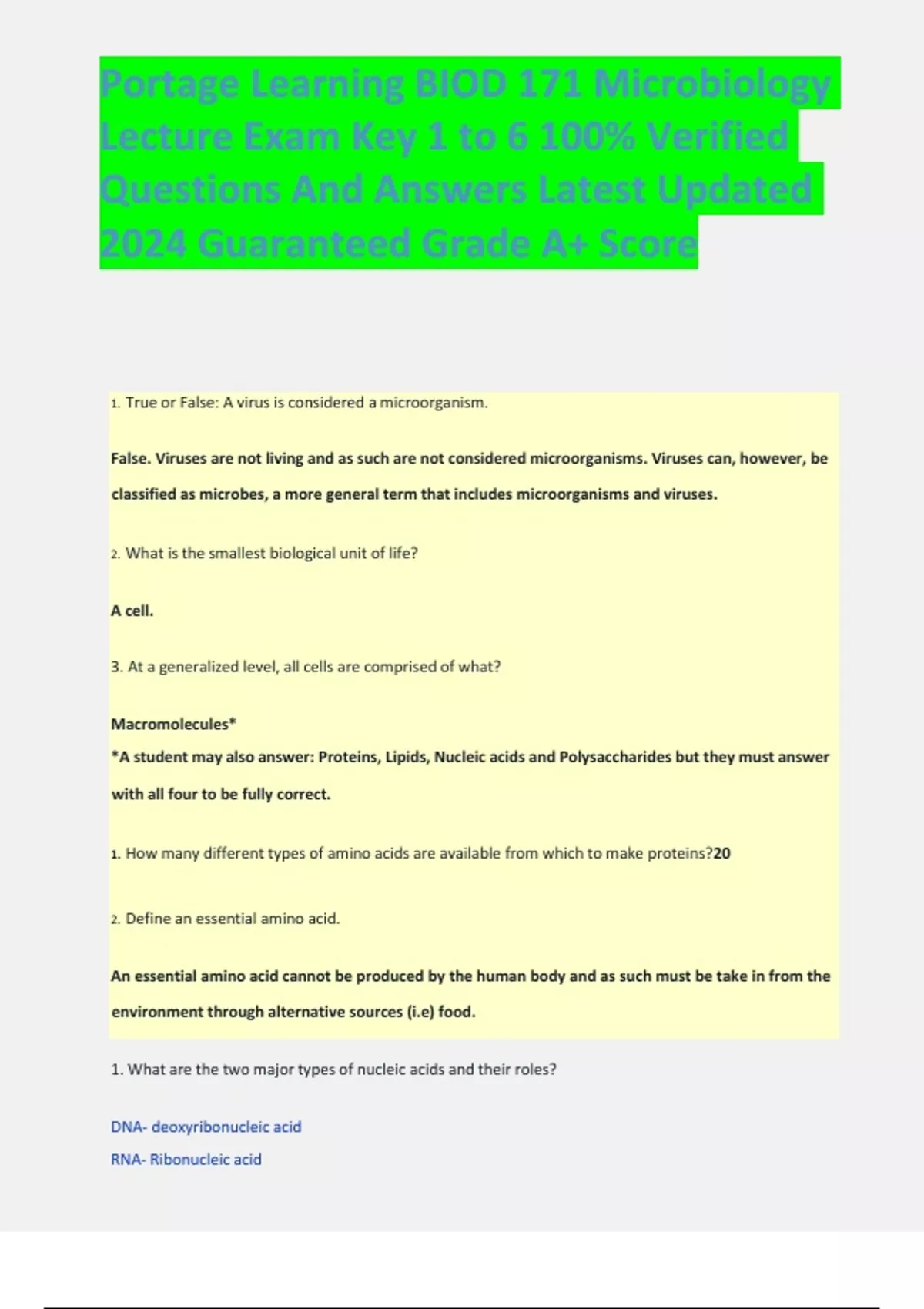 Portage Learning BIOD 171 Microbiology Lecture Exam Key 1 to 6 100% ...