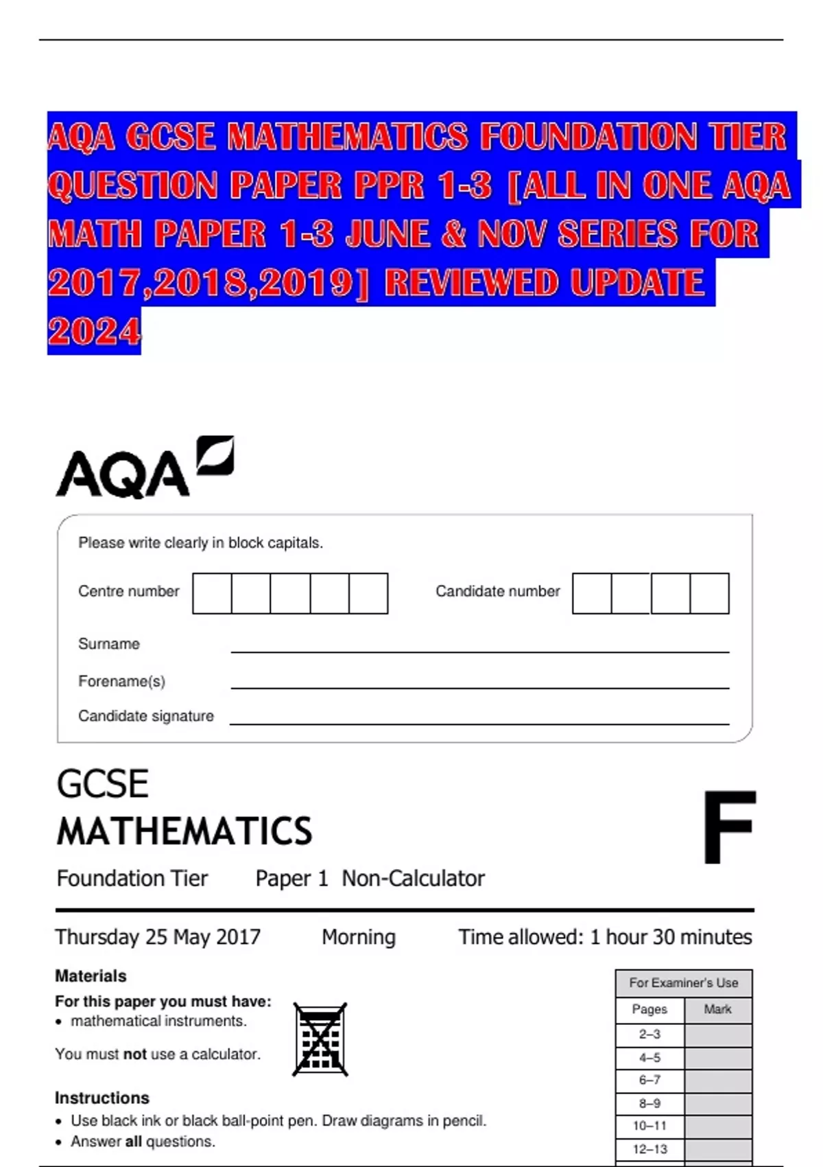 AQA GCSE MATHEMATICS FOUNDATION TIER QUESTION PAPER PPR 1-3 [ALL IN ONE AQA MATH PAPER 1-3 JUNE ...