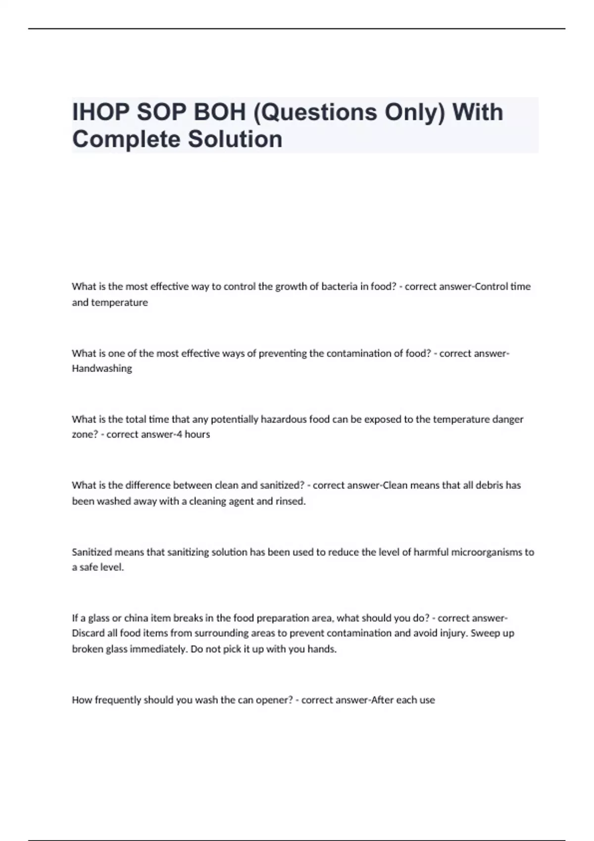 IHOP SOP BOH (Questions Only) With Complete Solution - IHOP SOP BOH - Stuvia US