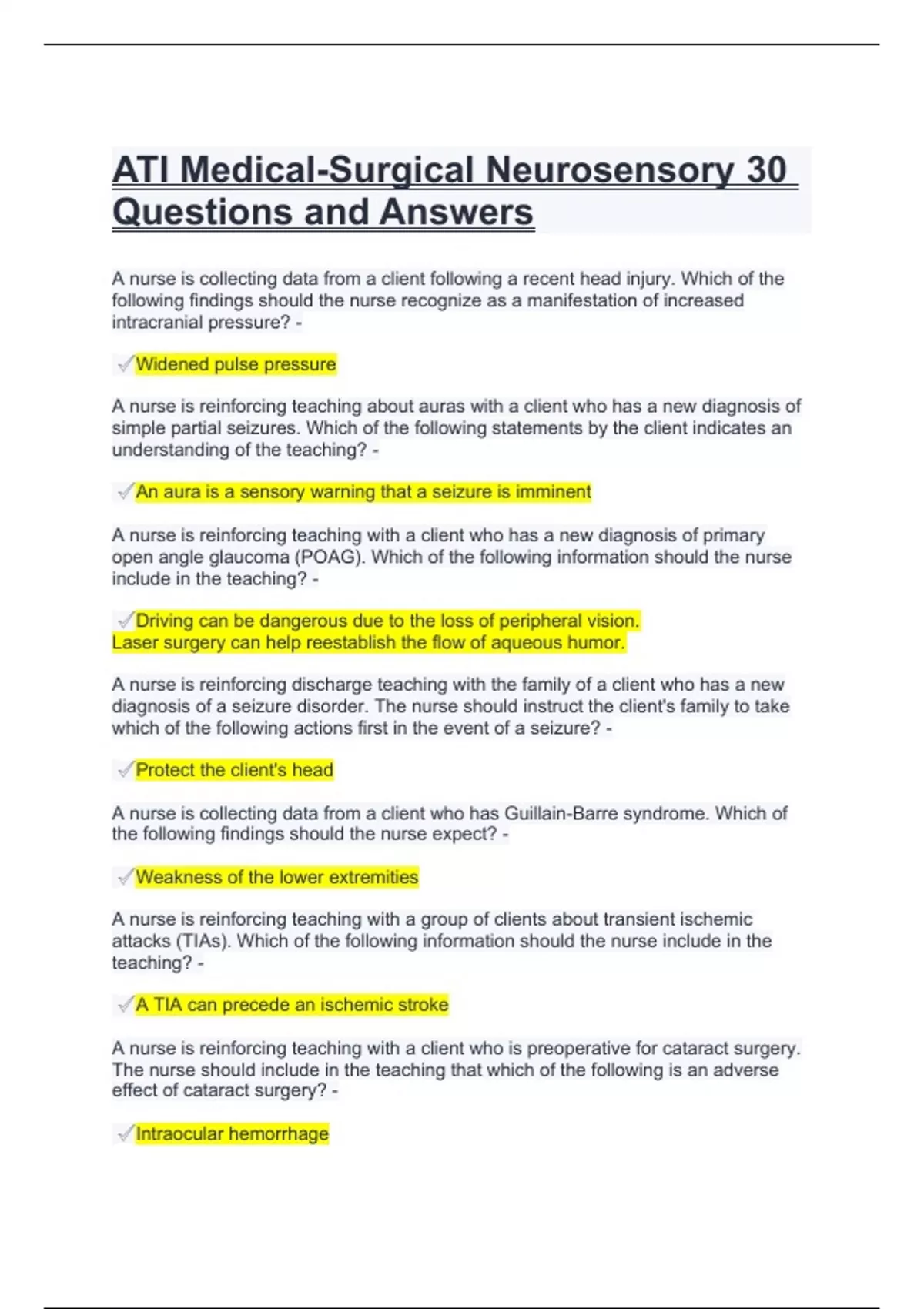 ATI Medical-Surgical Neurosensory 30 Questions and Answers - ATI ...