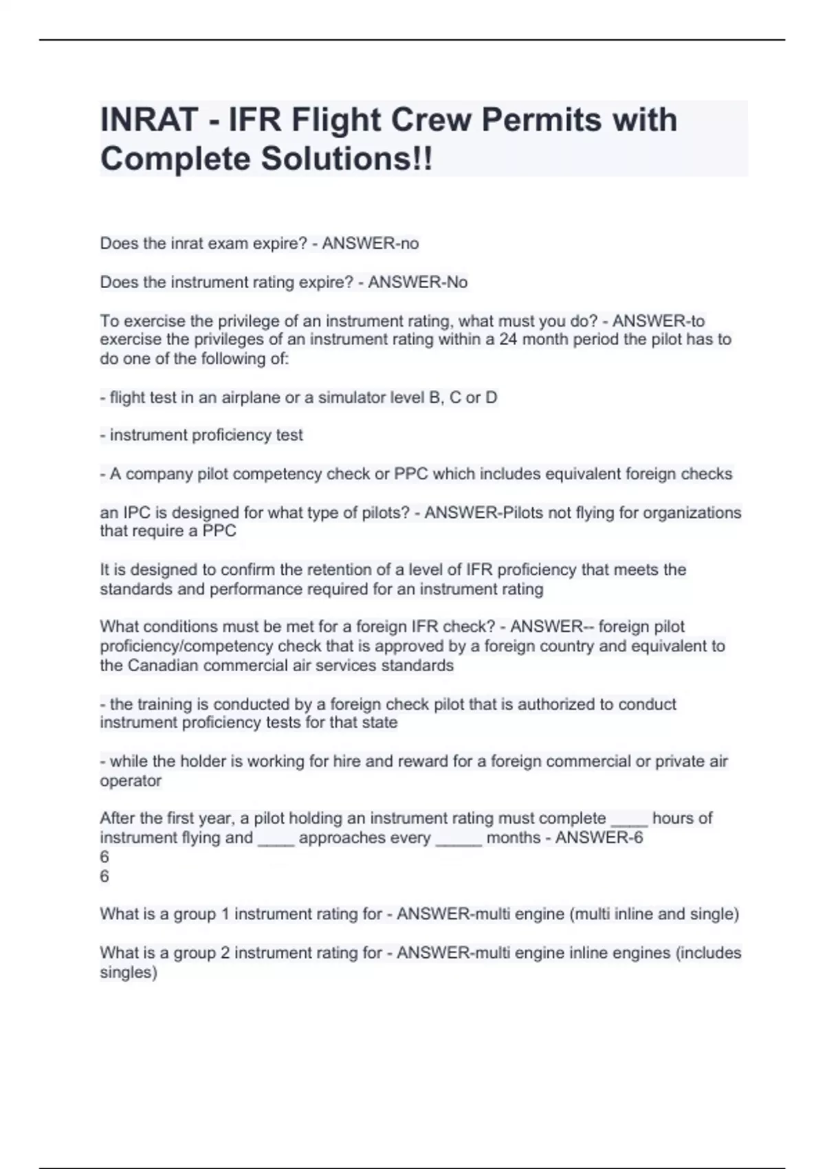 INRAT - IFR Flight Crew Permits with Complete Solutions!! - INRAT - IFR ...
