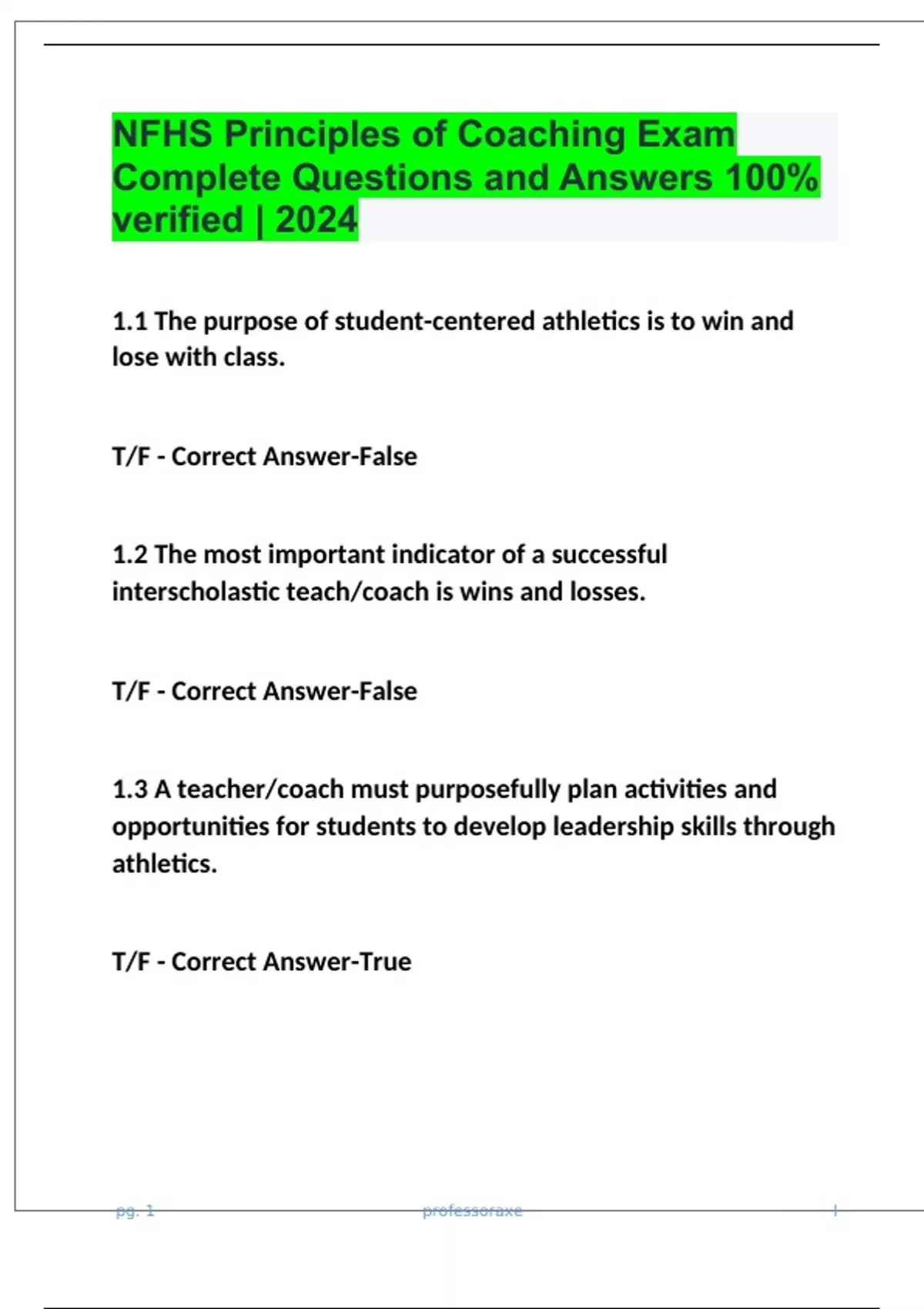 NFHS Principles of Coaching Exam Complete Questions and Answers 100% ...