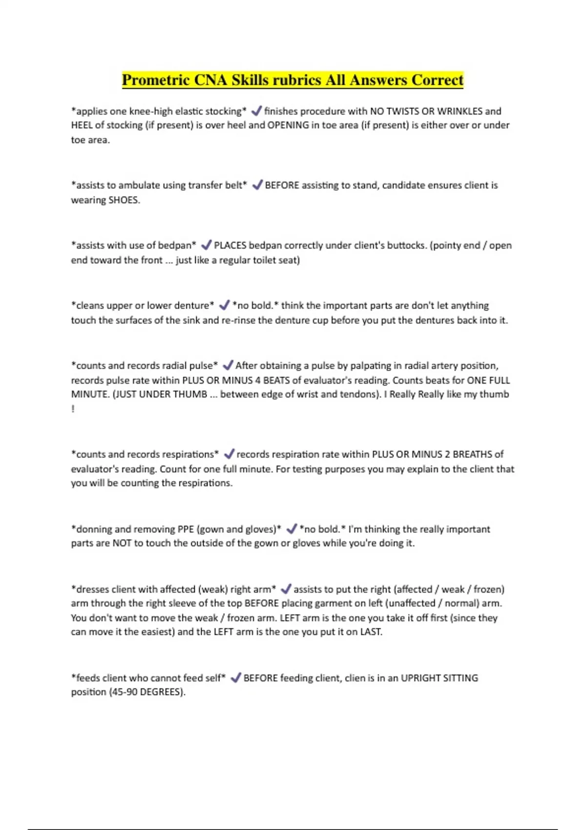 Prometric CNA Skills rubrics All Answers Correct - Prometric CNA - Stuvia US