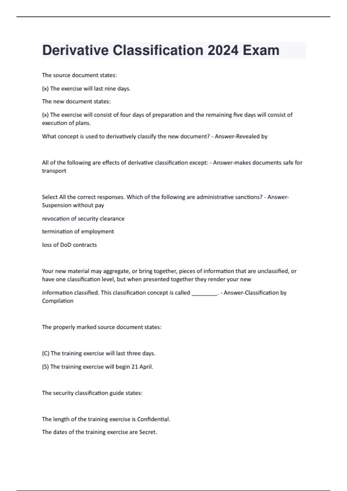 Derivative Classification 2024 Exam Questions And Answers With Complete Solution Derivative