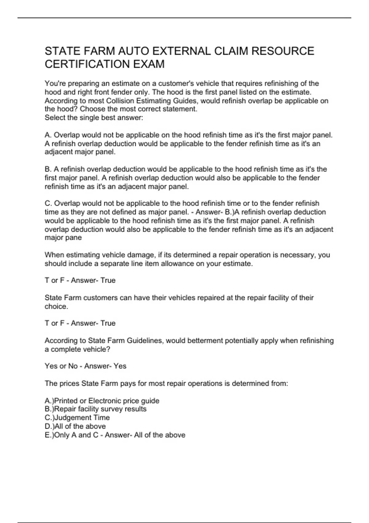 STATE FARM AUTO EXTERNAL CLAIM RESOURCE CERTIFICATION EXAM - STATE FARM ...