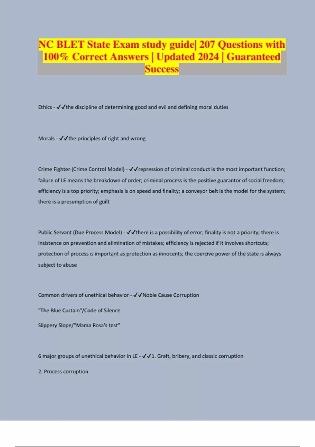 NC BLET State Exam study guide| 207 Questions with 100% Correct Answers ...