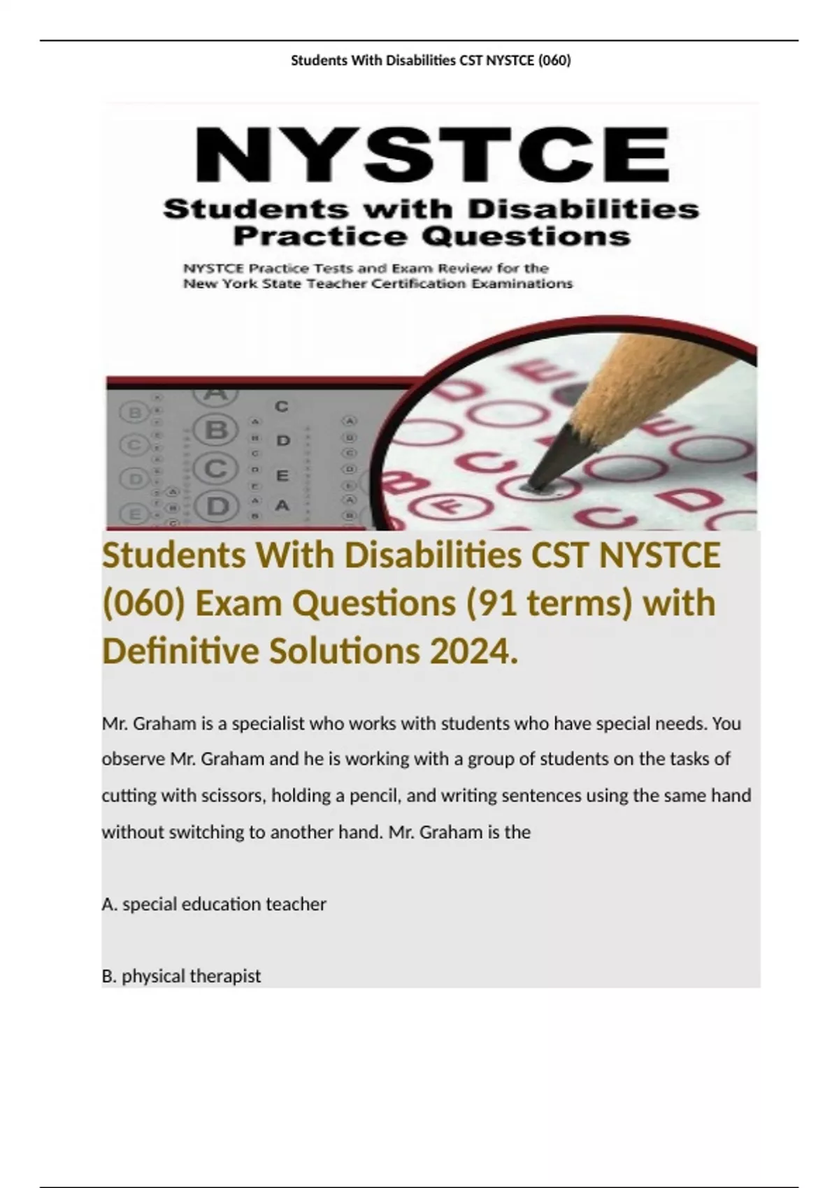 Students With Disabilities CST NYSTCE (060) Exam Questions (91 terms ...