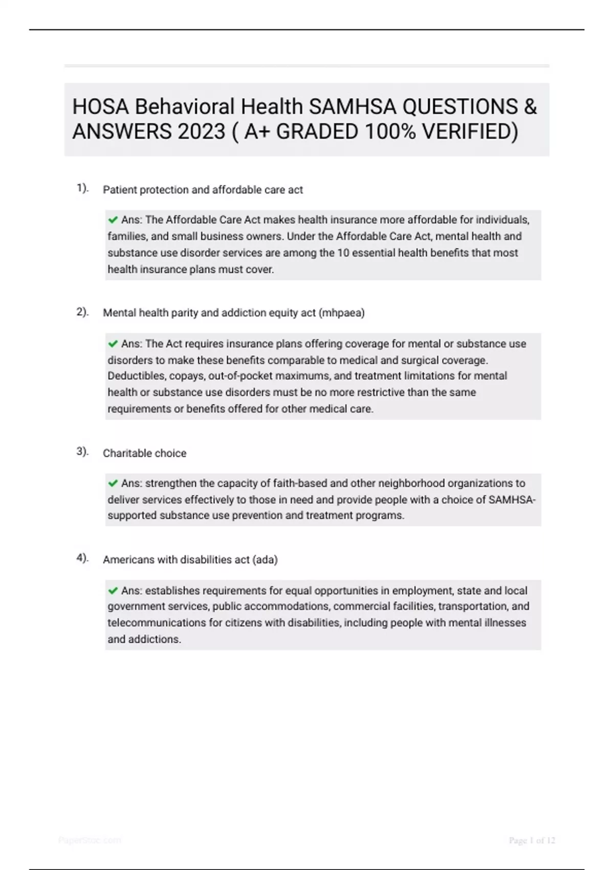 HOSA Behavioral Health SAMHSA QUESTIONS ANSWERS 2023 A GRADED 100 ...