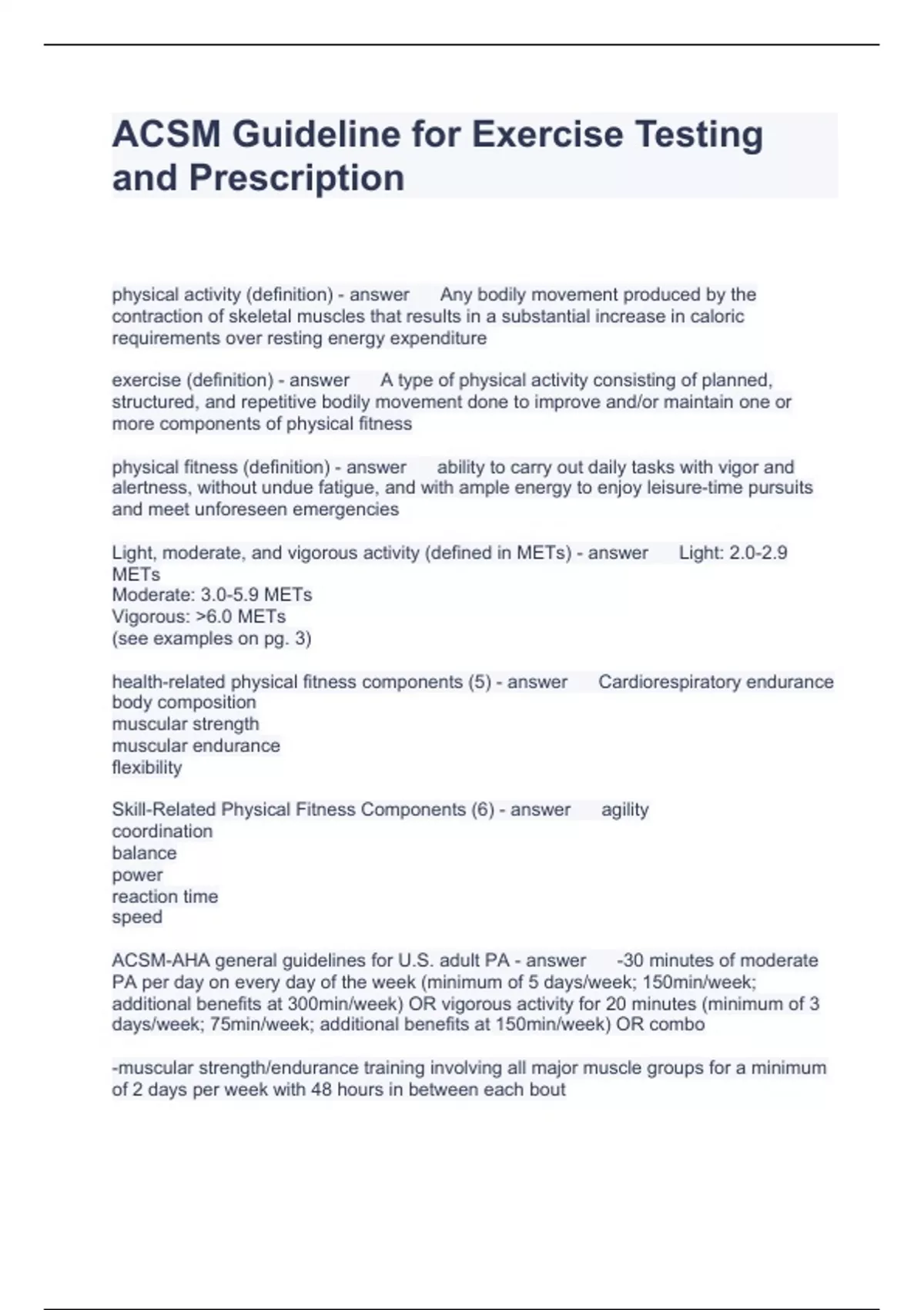 ACSM Guideline for Exercise Testing and Prescription Questions and ...