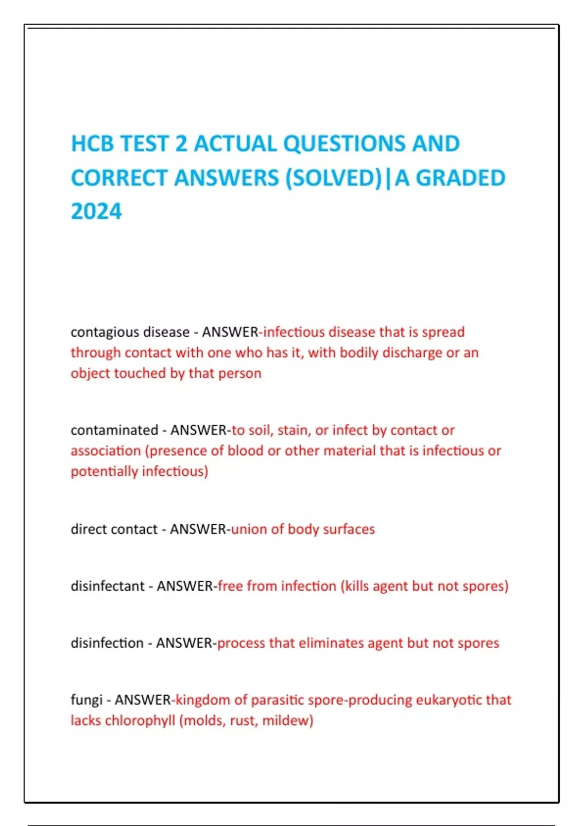 HCB TEST 2 ACTUAL QUESTIONS AND CORRECT ANSWERS (SOLVED)|A GRADED 2024 ...