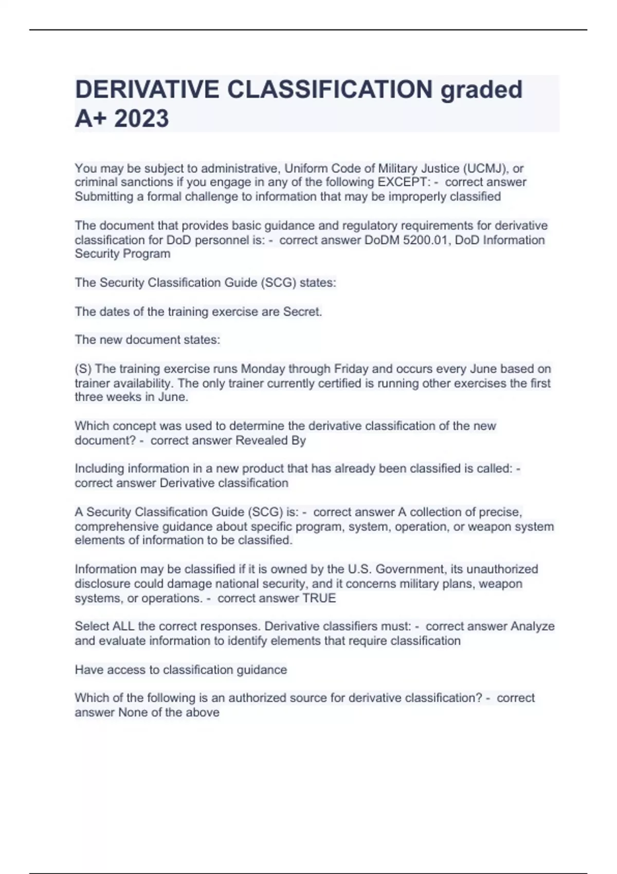 DERIVATIVE CLASSIFICATION Questions with complete solution 2024/2025 ...