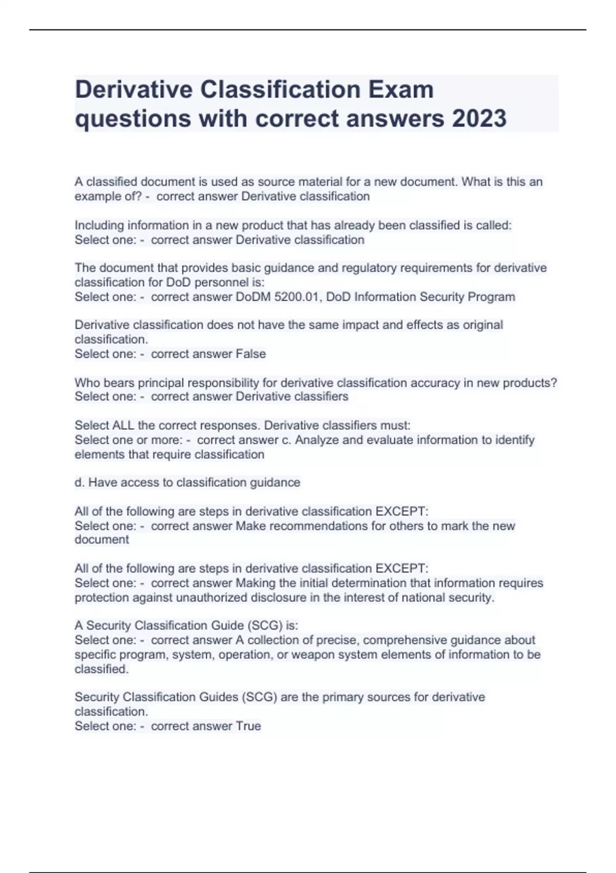 Derivative Classification Exam Questions And Answers 100 Correct 2024 2025 Derivative