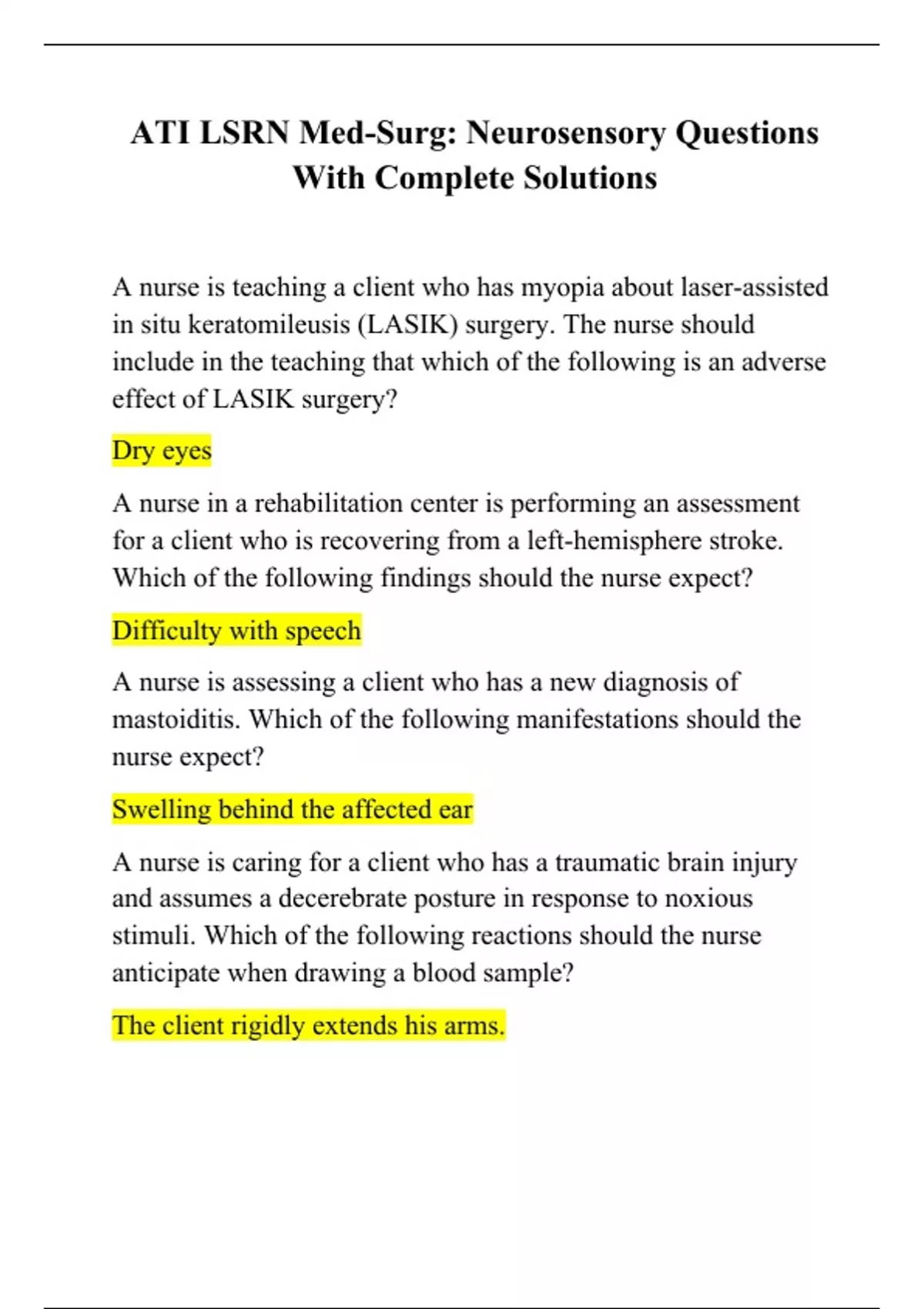 ATI LSRN Med-Surg: Neurosensory Questions With Complete Solutions - ATI ...