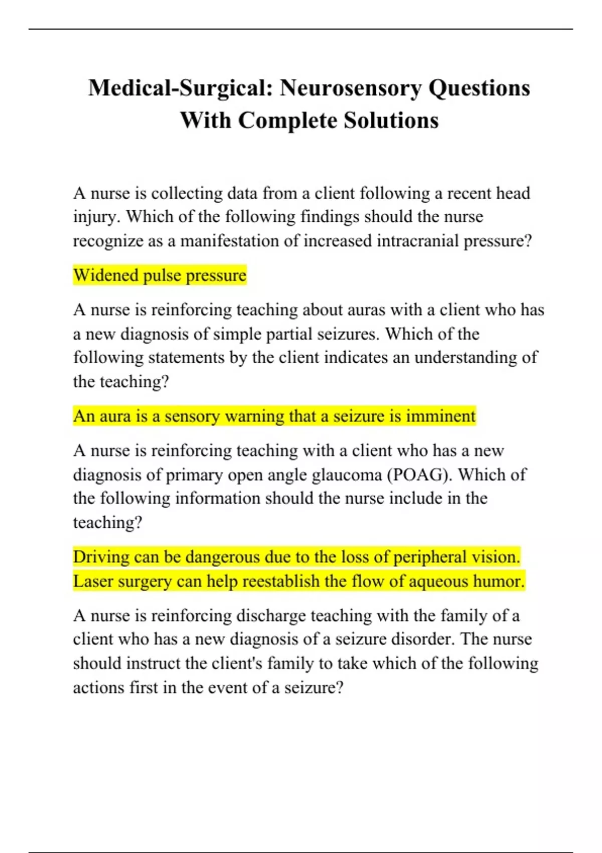 Medical-Surgical: Neurosensory Questions With Complete Solutions ...