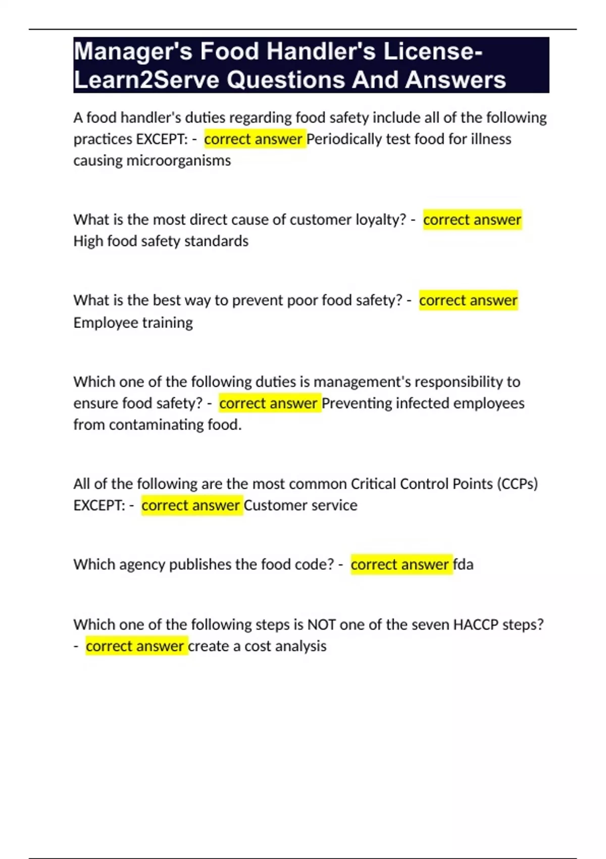 Manager's Food Handler's License- Learn2Serve Questions And Answers ...