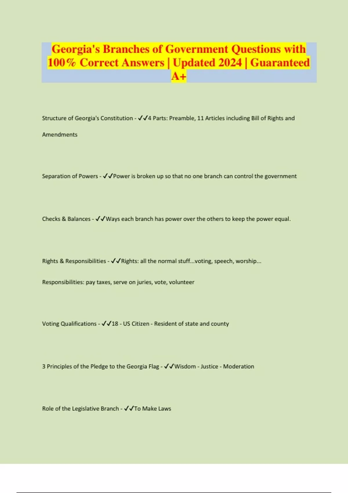 Georgia's Branches of Government Questions with 100% Correct Answers ...