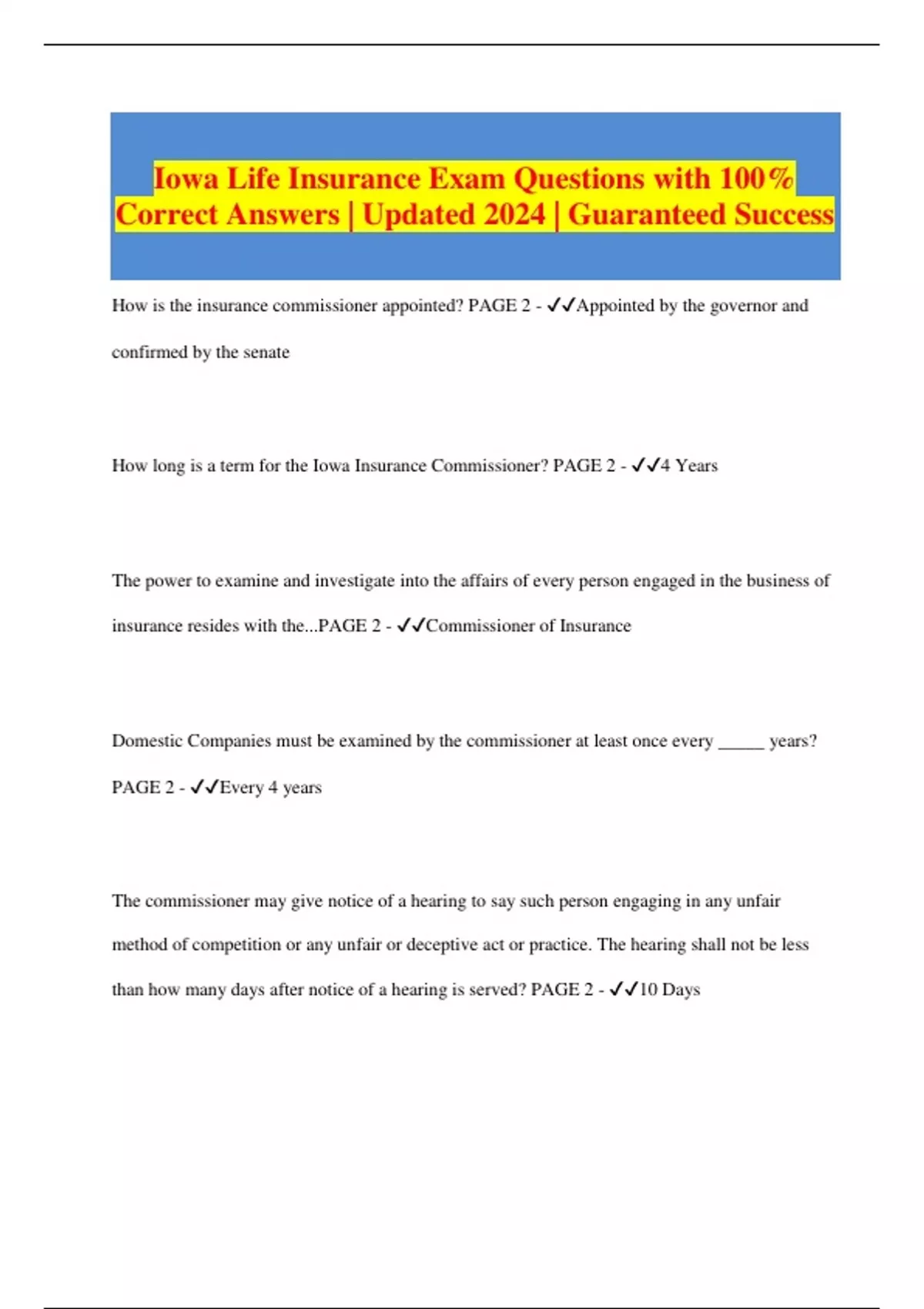 Iowa Life Insurance Exam Questions with 100% Correct Answers | Updated 2024 | Guaranteed Success ...