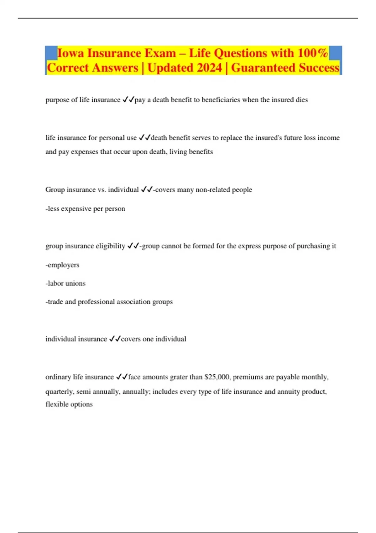 Iowa Insurance Exam – Life Questions with 100% Correct Answers | Updated 2024 | Guaranteed ...