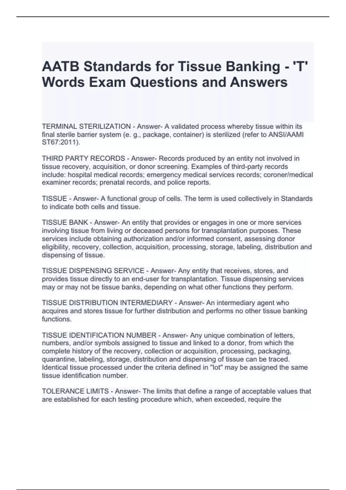 AATB Standards for Tissue Banking - 'T' Words Exam Questions and ...