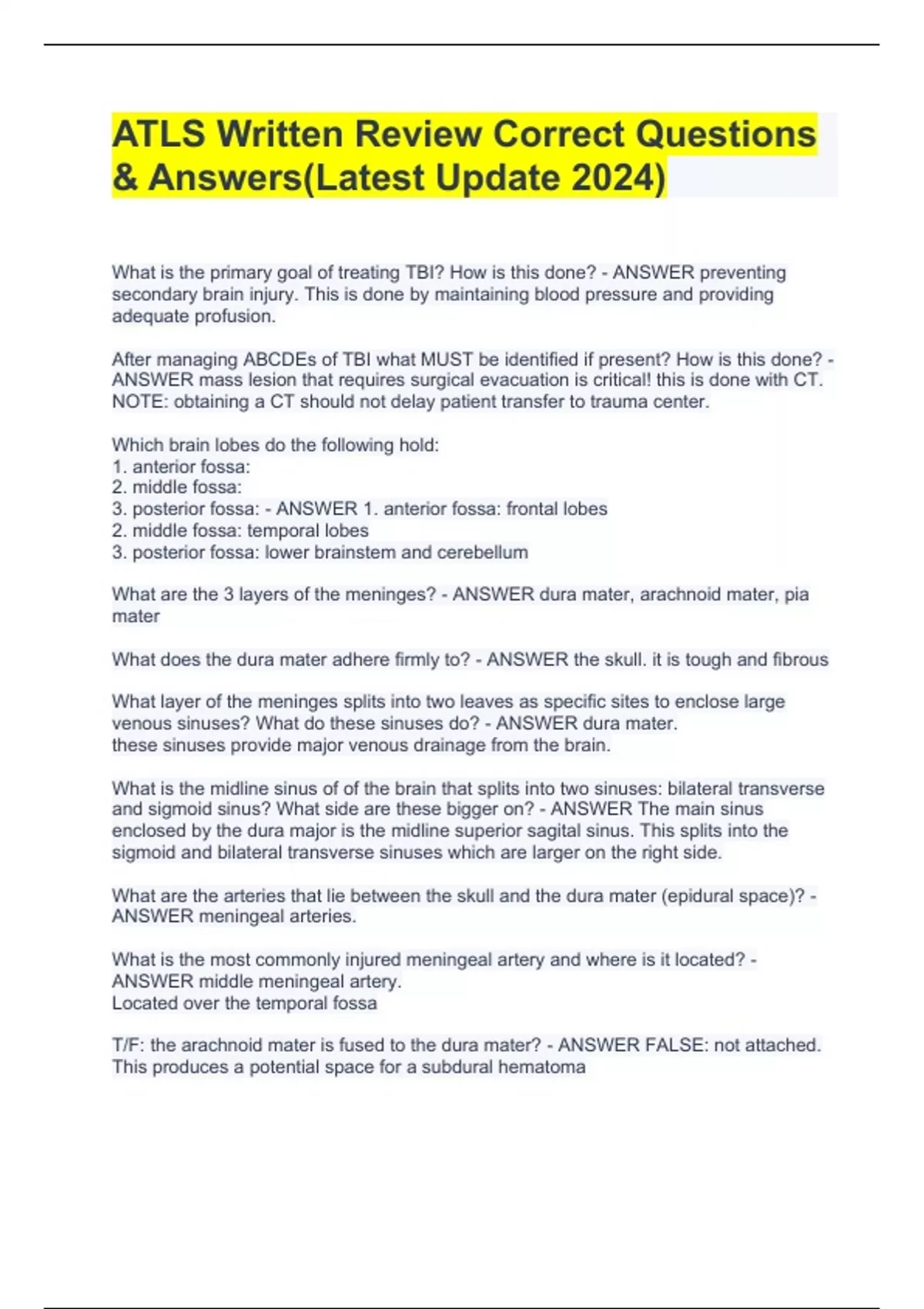 ATLS Written Review Correct Questions & Answers(Latest Update 2024 ...