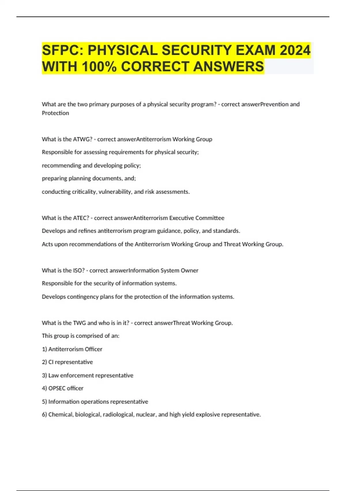 SFPC: PHYSICAL SECURITY EXAM 2024 WITH 100% CORRECT ANSWERS - SFPC: PHYSICAL SECURITY - Stuvia US