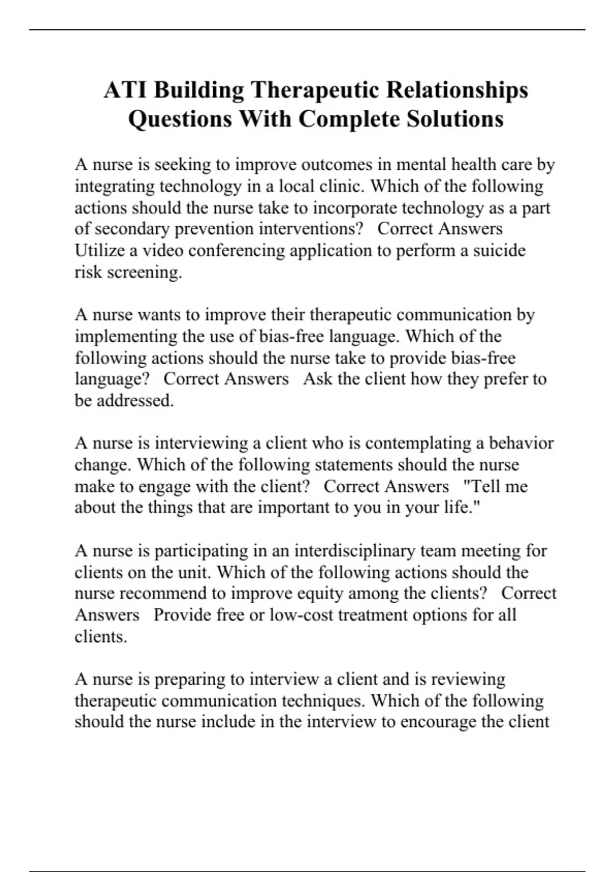 ATI Building Therapeutic Relationships Questions With Complete ...