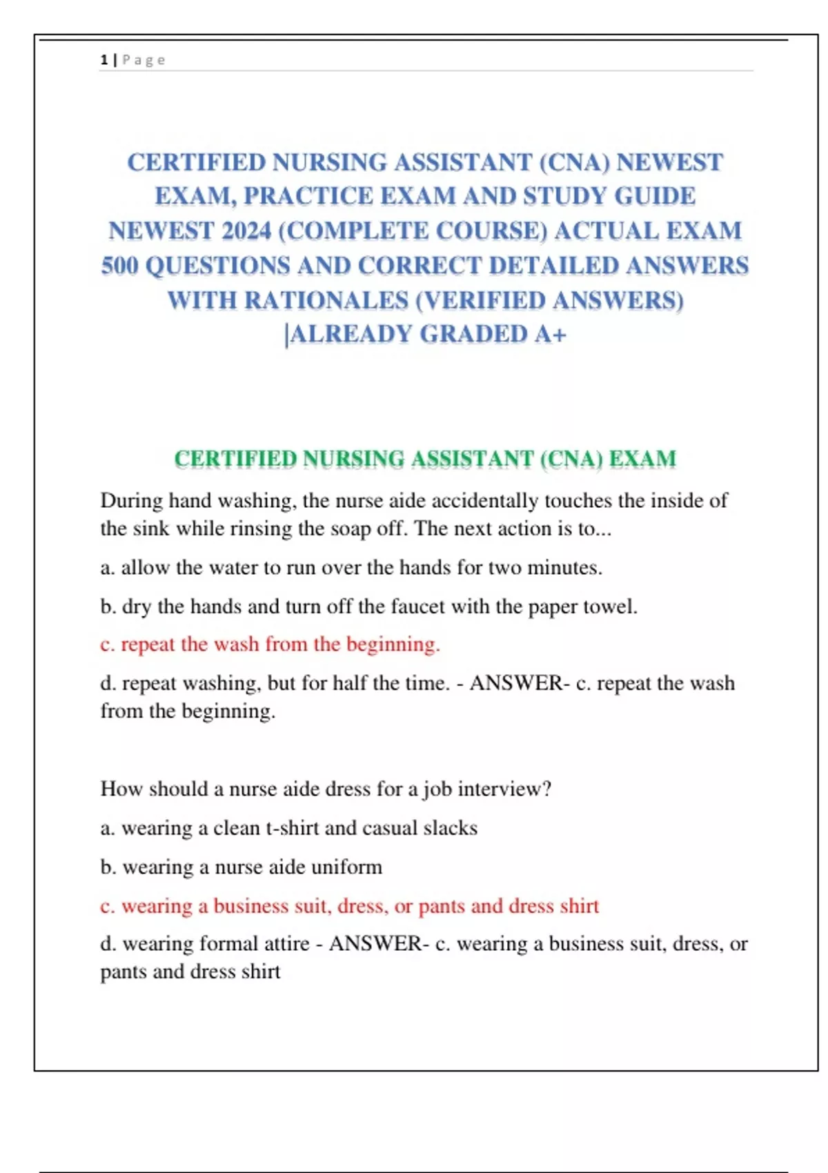CERTIFIED NURSING ASSISTANT (CNA) NEWEST EXAM, PRACTICE EXAM AND STUDY GUIDE NEWEST 2024 ...