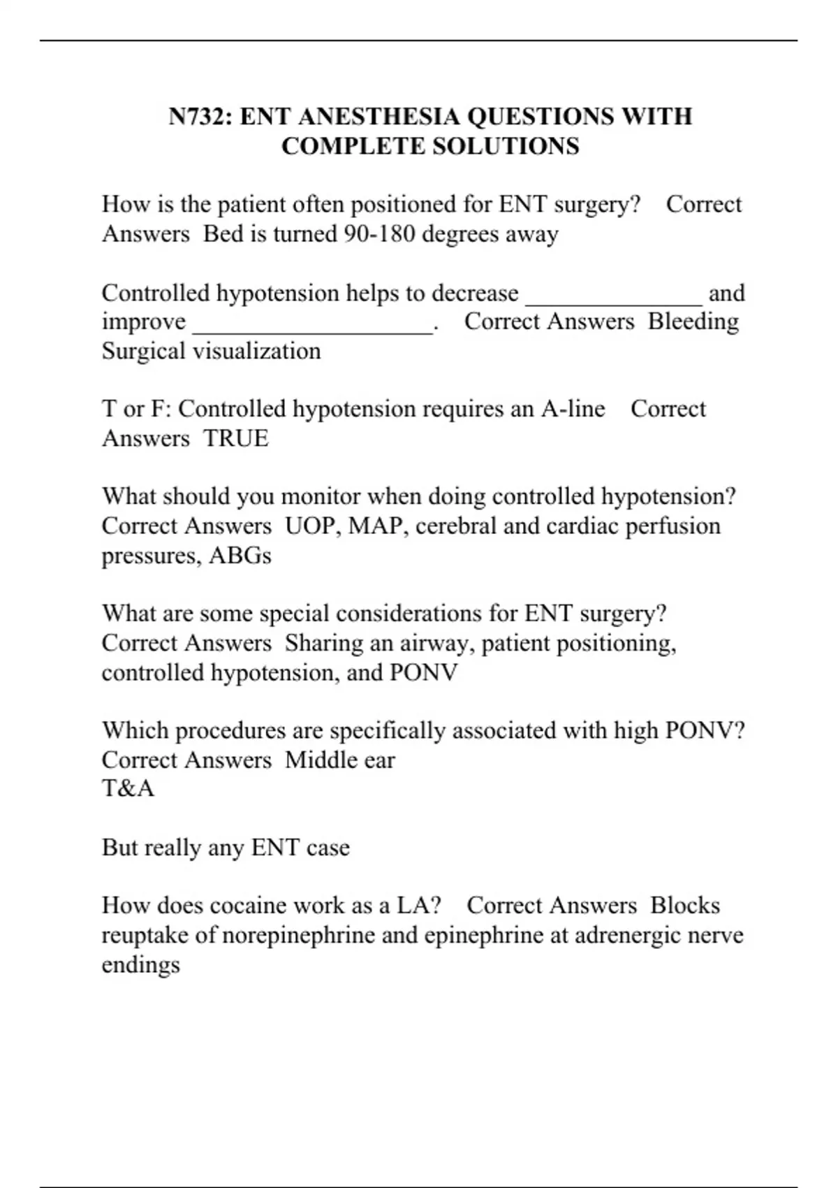 N732: ENT ANESTHESIA QUESTIONS WITH COMPLETE SOLUTIONS - N732 - Stuvia US