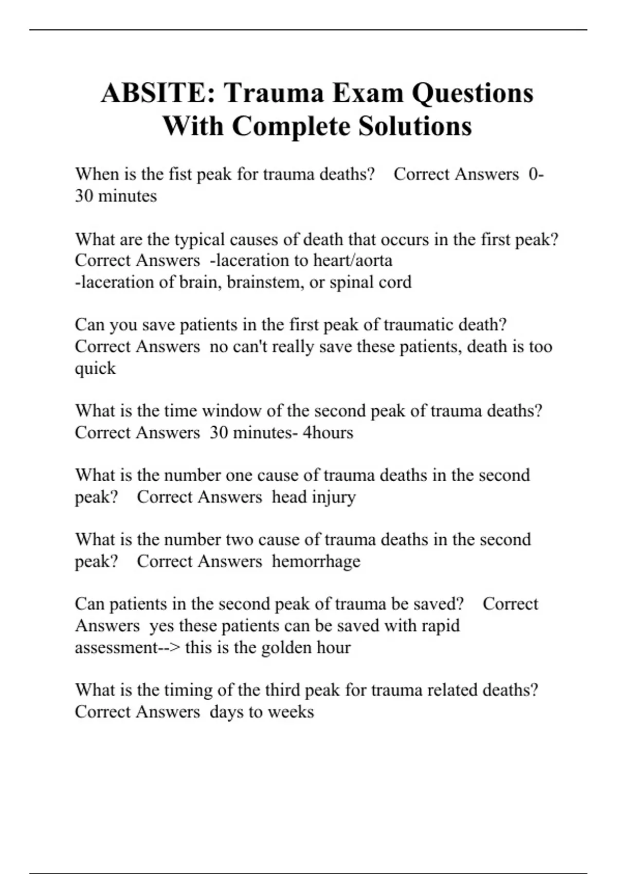 ABSITE: Trauma Exam Questions With Complete Solutions - ABSITE - Stuvia US